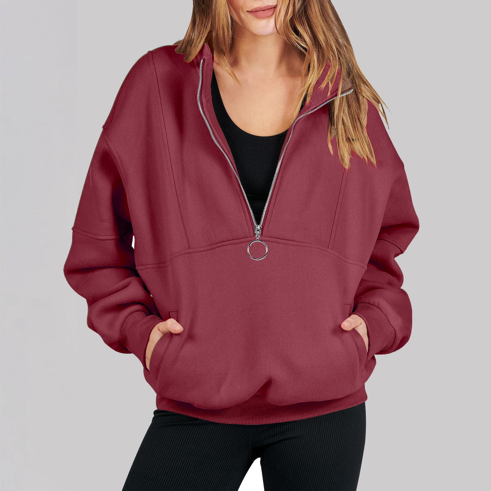 OKBOP Womens Zip Up Fleece Sweatshirt Long Sleeve Solid Vintage ...