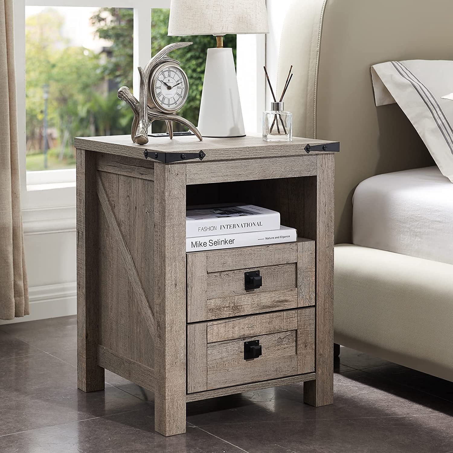 OKD Farmhouse Nightstand with Charging Station, 2-Drawer, Rustic Light ...