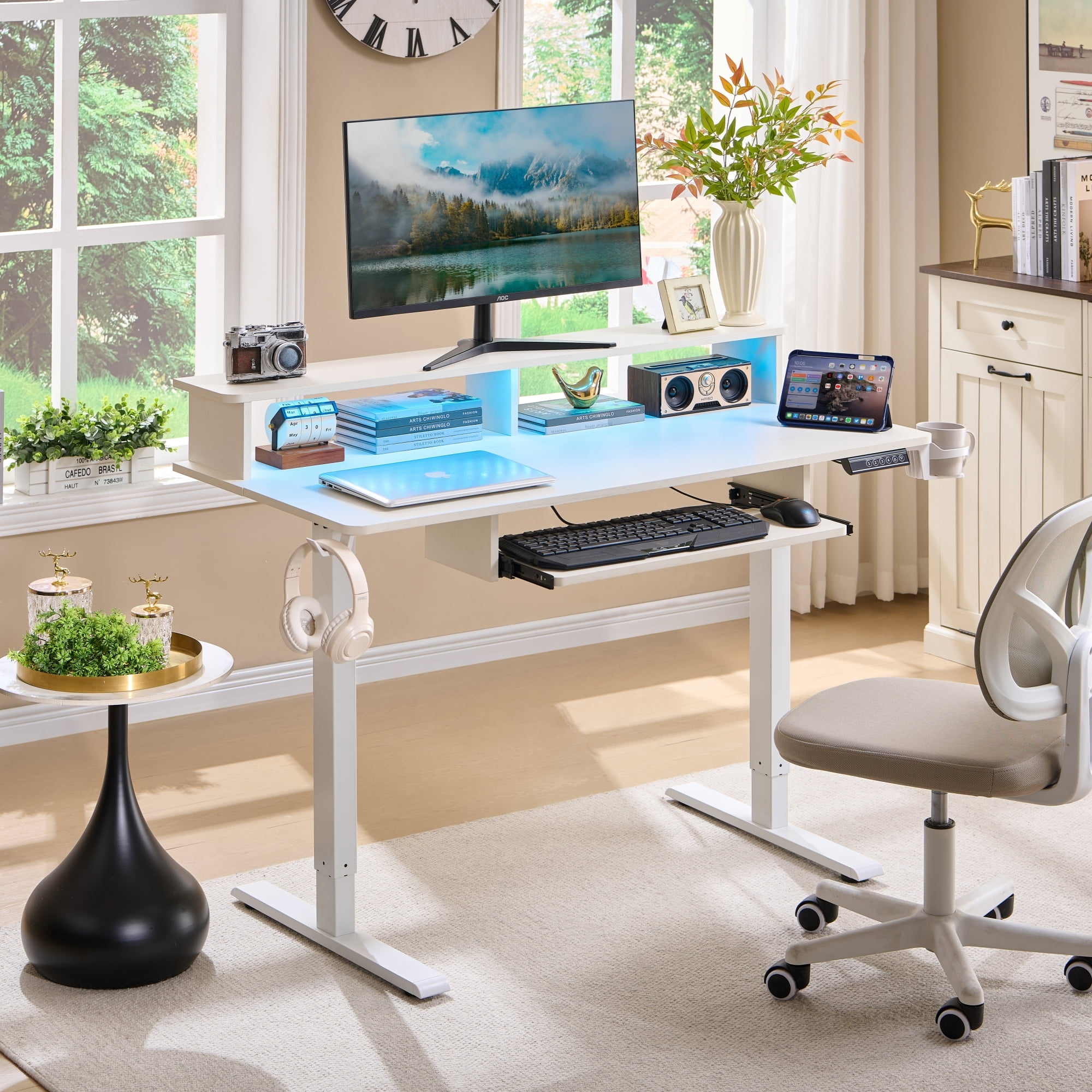 OKD 48" Electric Standing Desk with Keyboard Tray, Power Outlets, LED ...