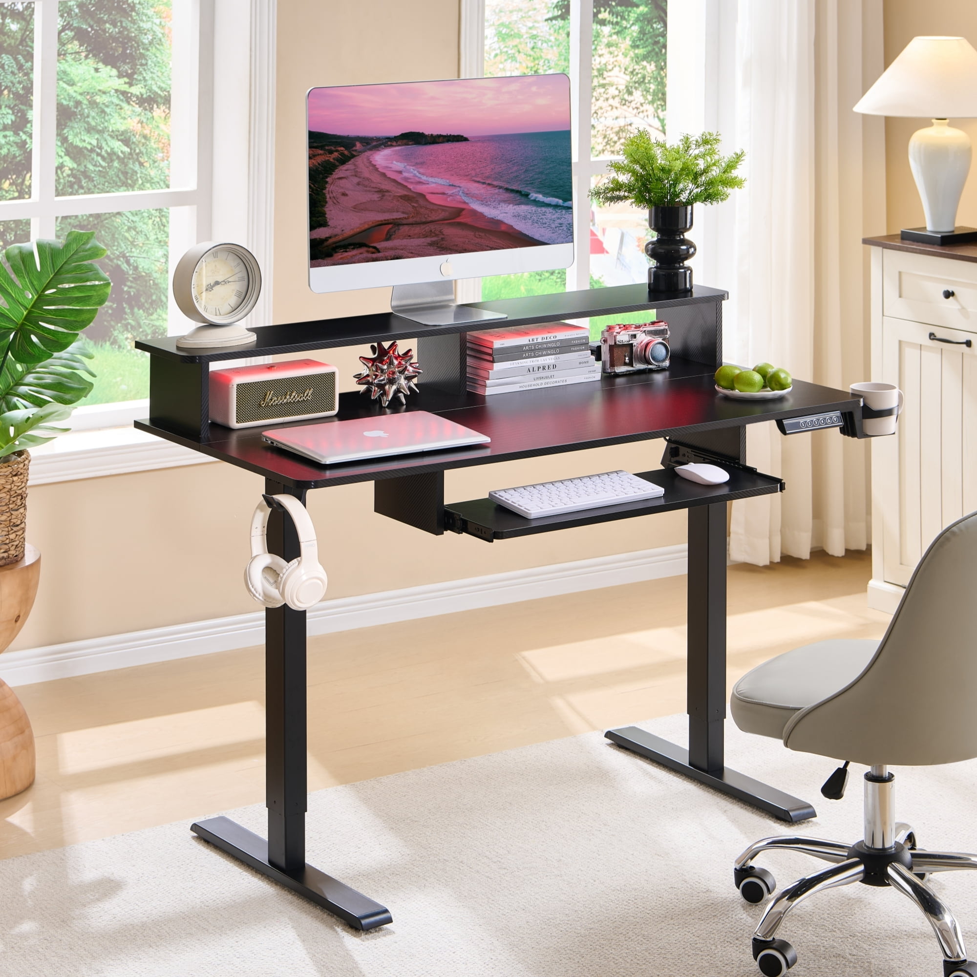OKD 48" Electric Standing Desk with Keyboard Tray, Power Outlets, LED ...