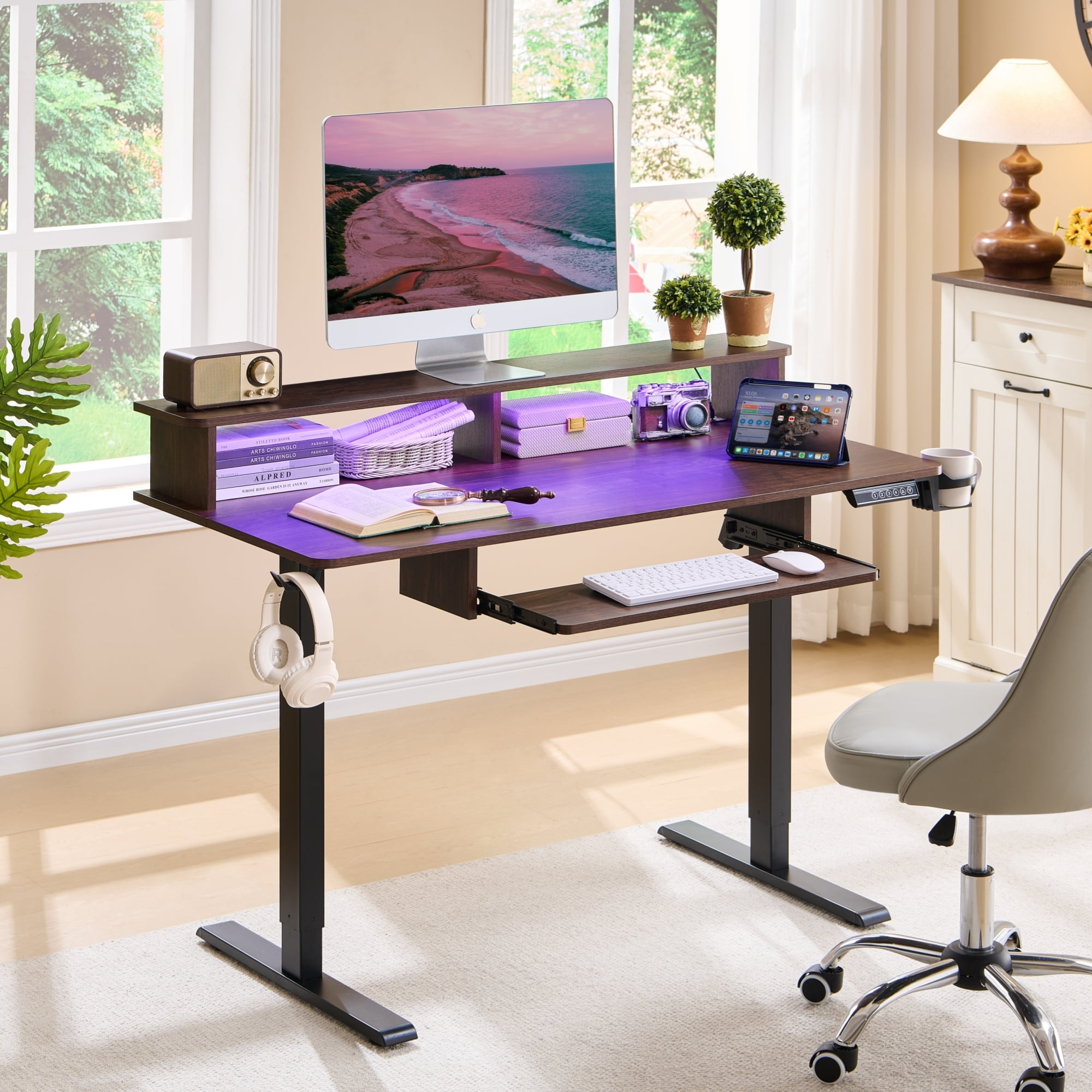 OKD 48" Electric Standing Desk with Keyboard Tray, Power Outlets, LED ...