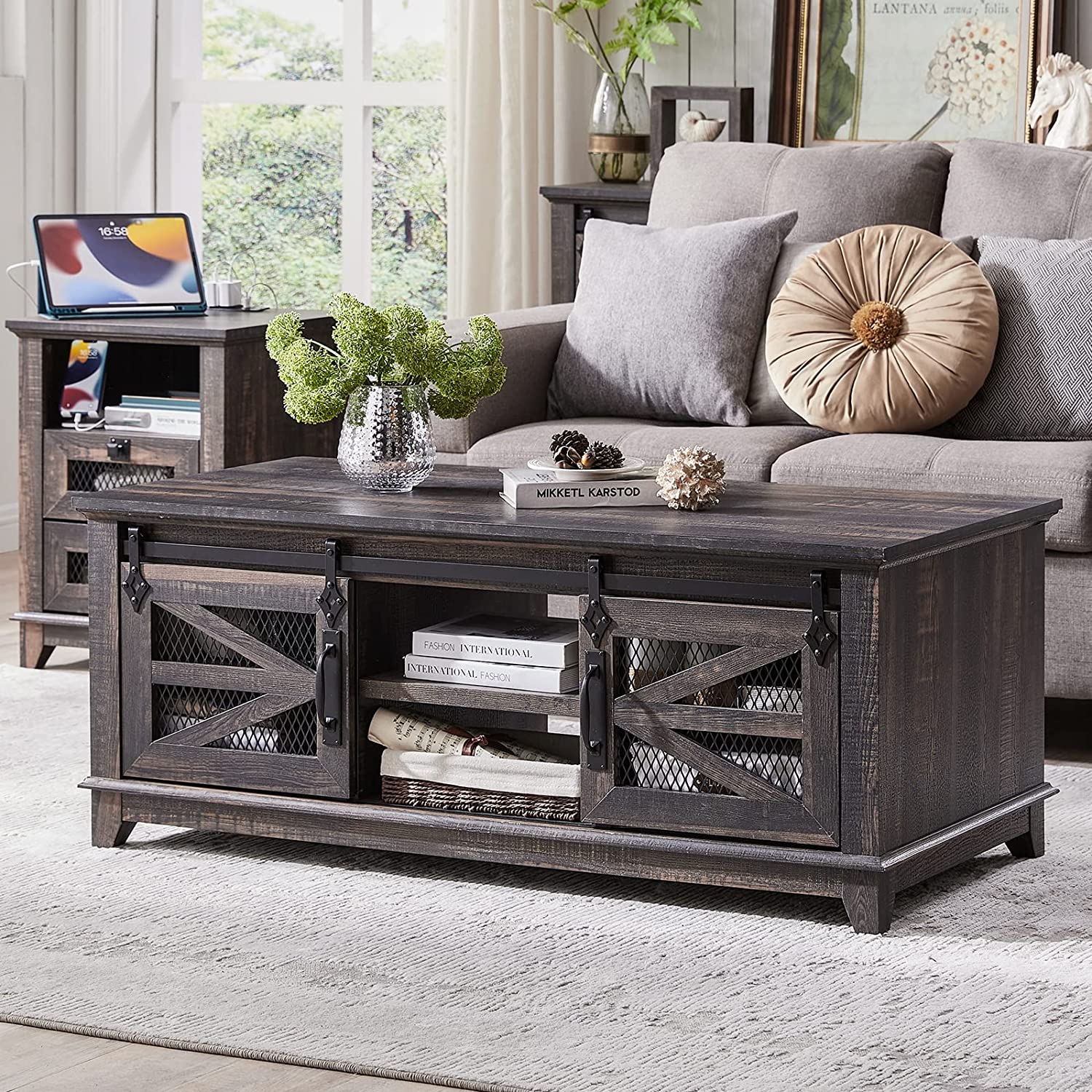 HomCom Farmhouse Coffee Table with Sliding Mesh Barn Door, Storage ...