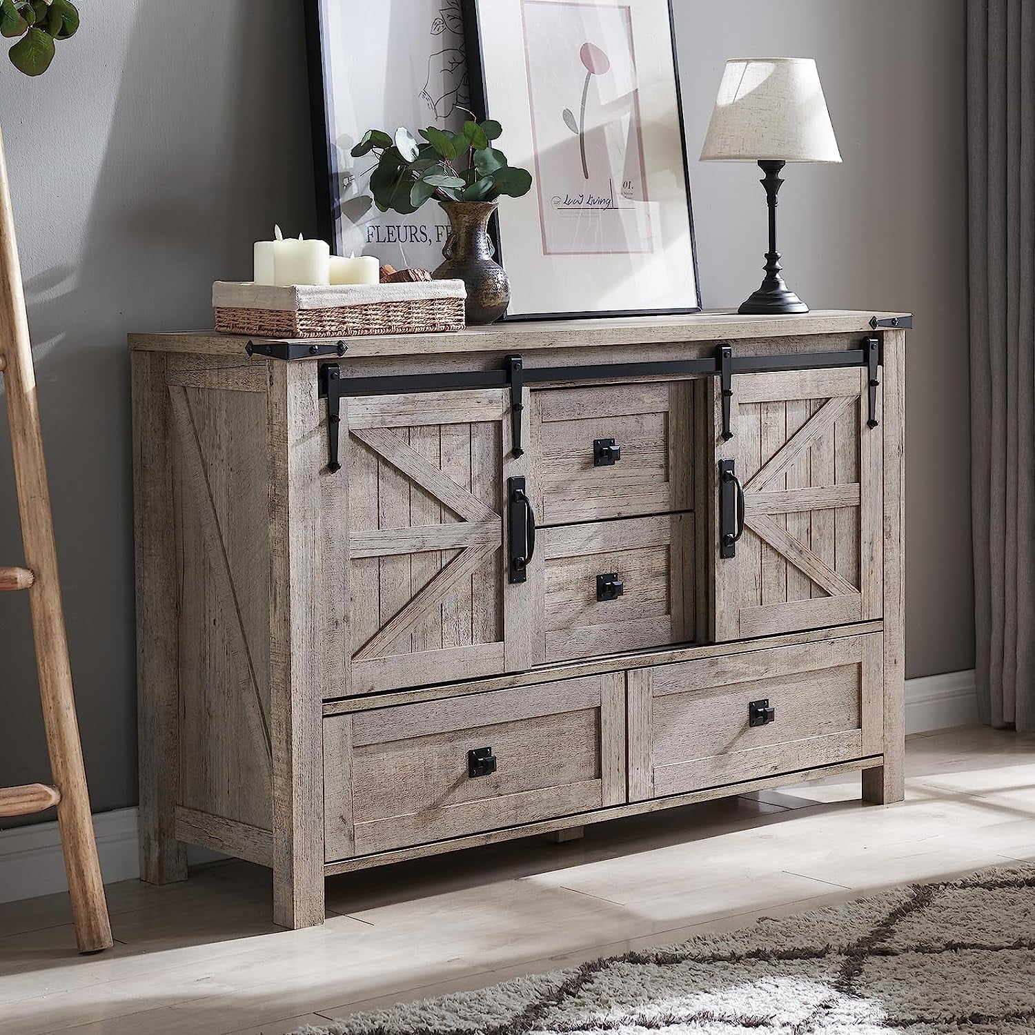 "OKD Antique Farmhouse Style 48"" Rustic 4-Drawer Chest Dresser with ...
