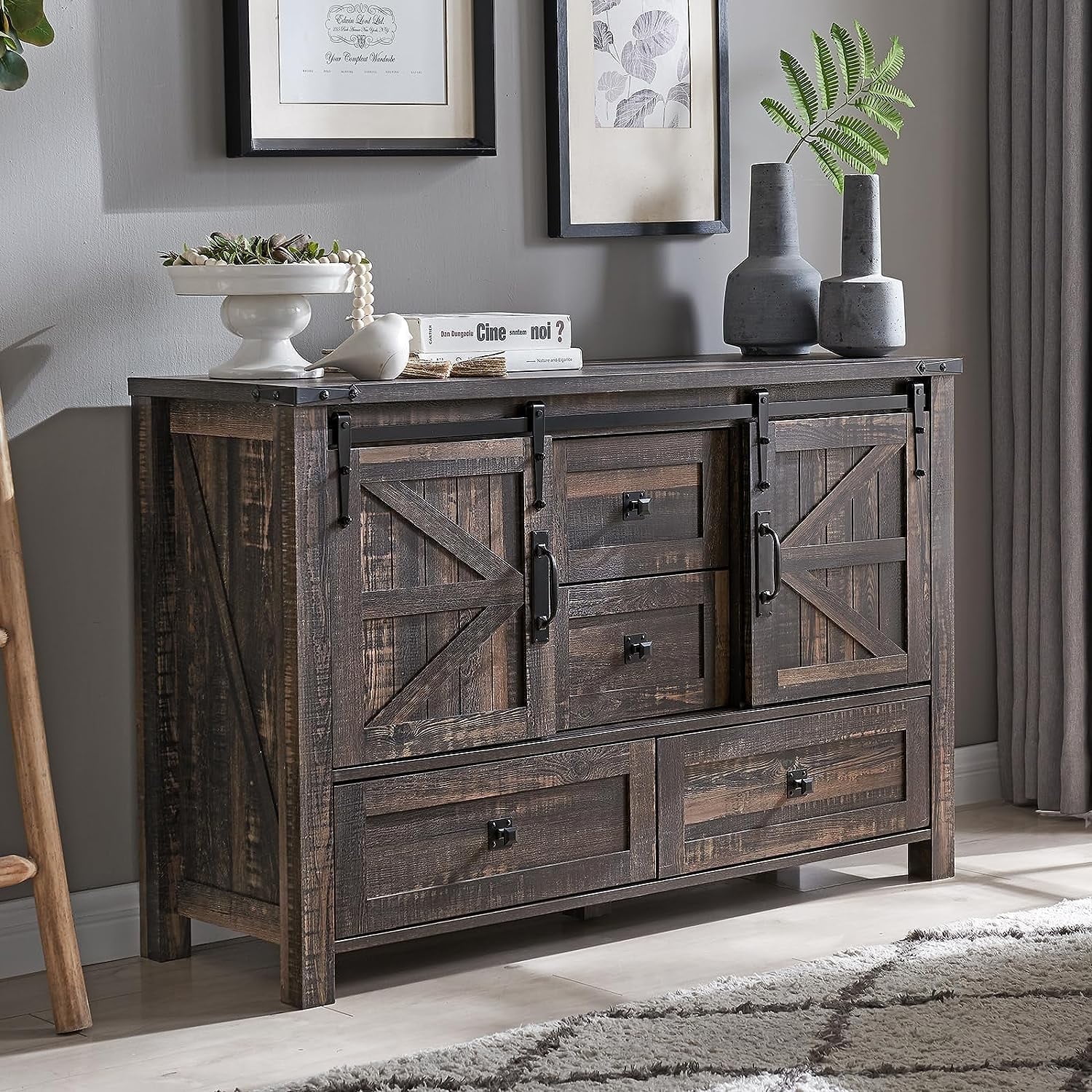 "OKD Rustic Farmhouse 48"" 4-Drawer Dresser with Barn Door for Bedroom ...