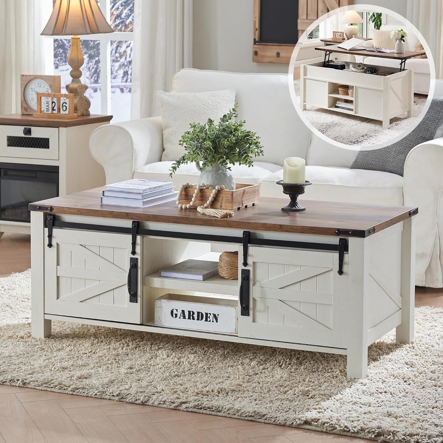 OKD 48" Farmhouse Lift Top Coffee Table with Sliding Barn Door, Rustic ...