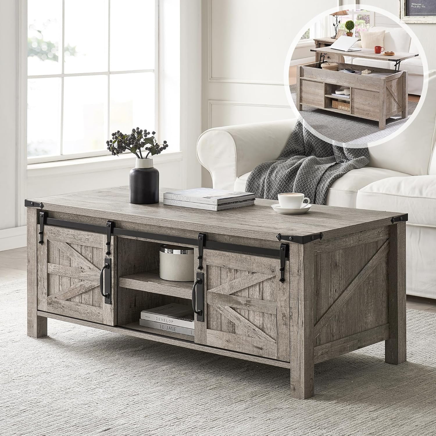 OKD 48" Lift-Top Coffee Table with Sliding Barn Door, Lifting Tabletop ...