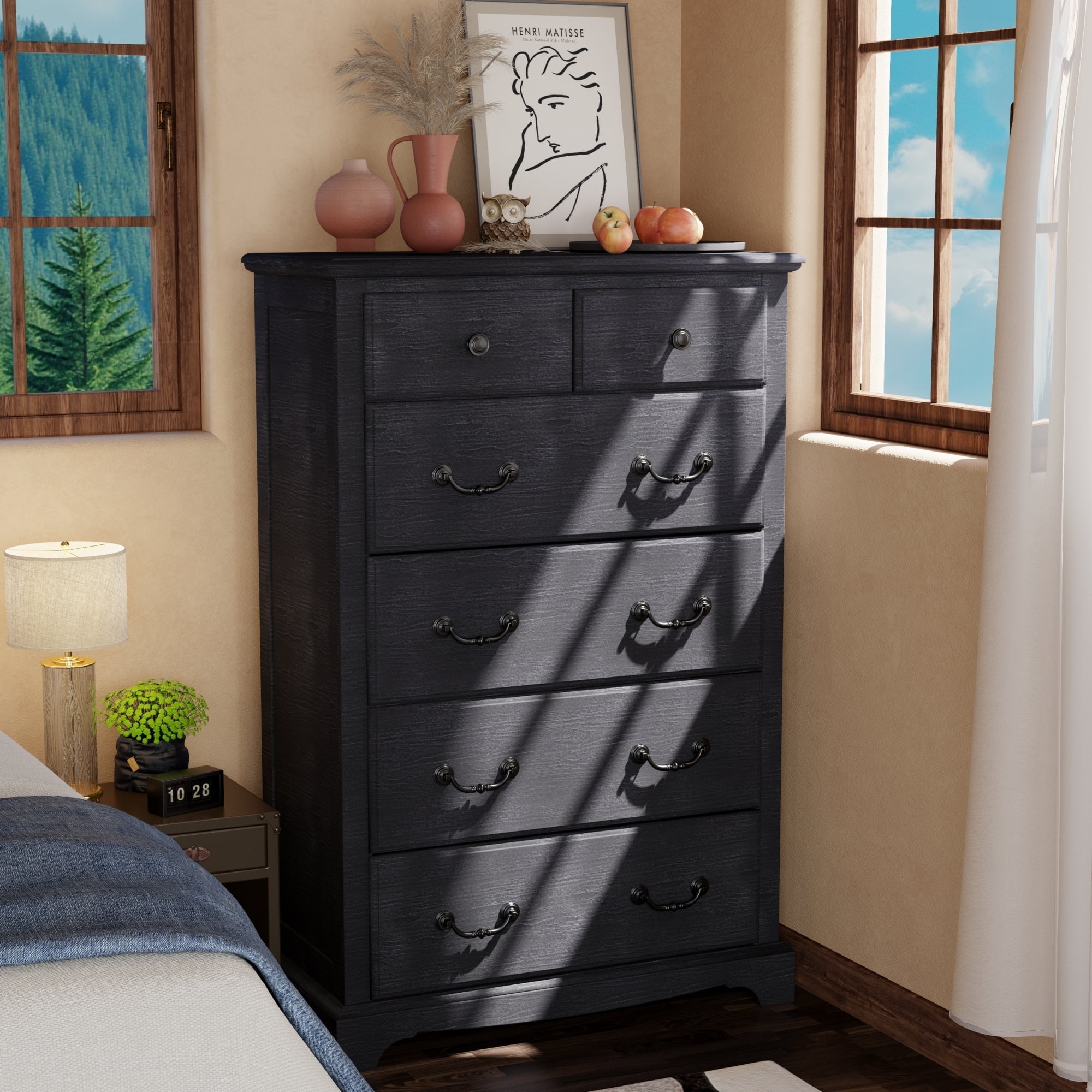 OKD 48" Tall Farmhouse Dresser 6 Drawers Modern Rustic Wood Chest of ...