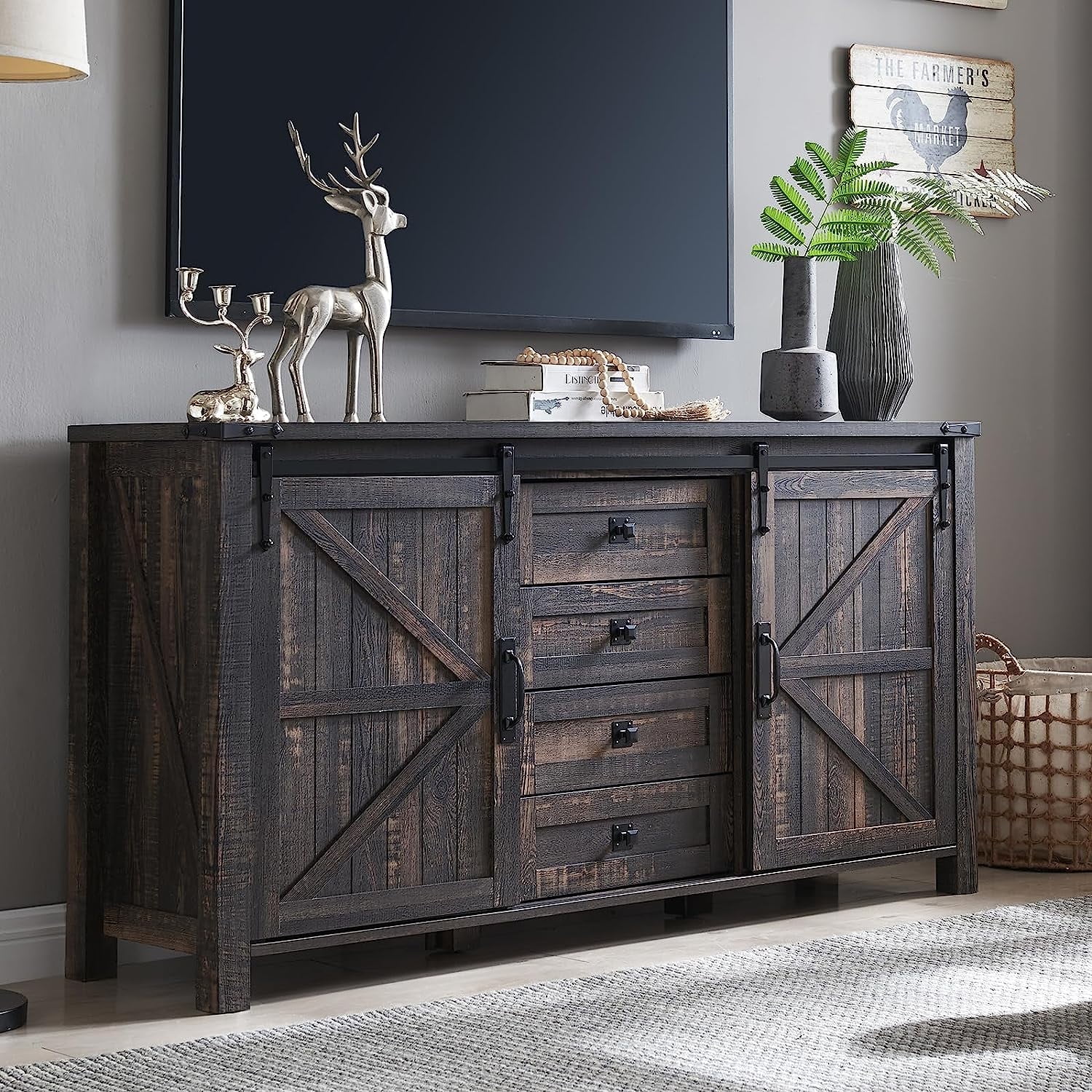 "OKD 60"" Dresser, Farmhouse Organizer TV Stand with 4 Drawers, Dark ...