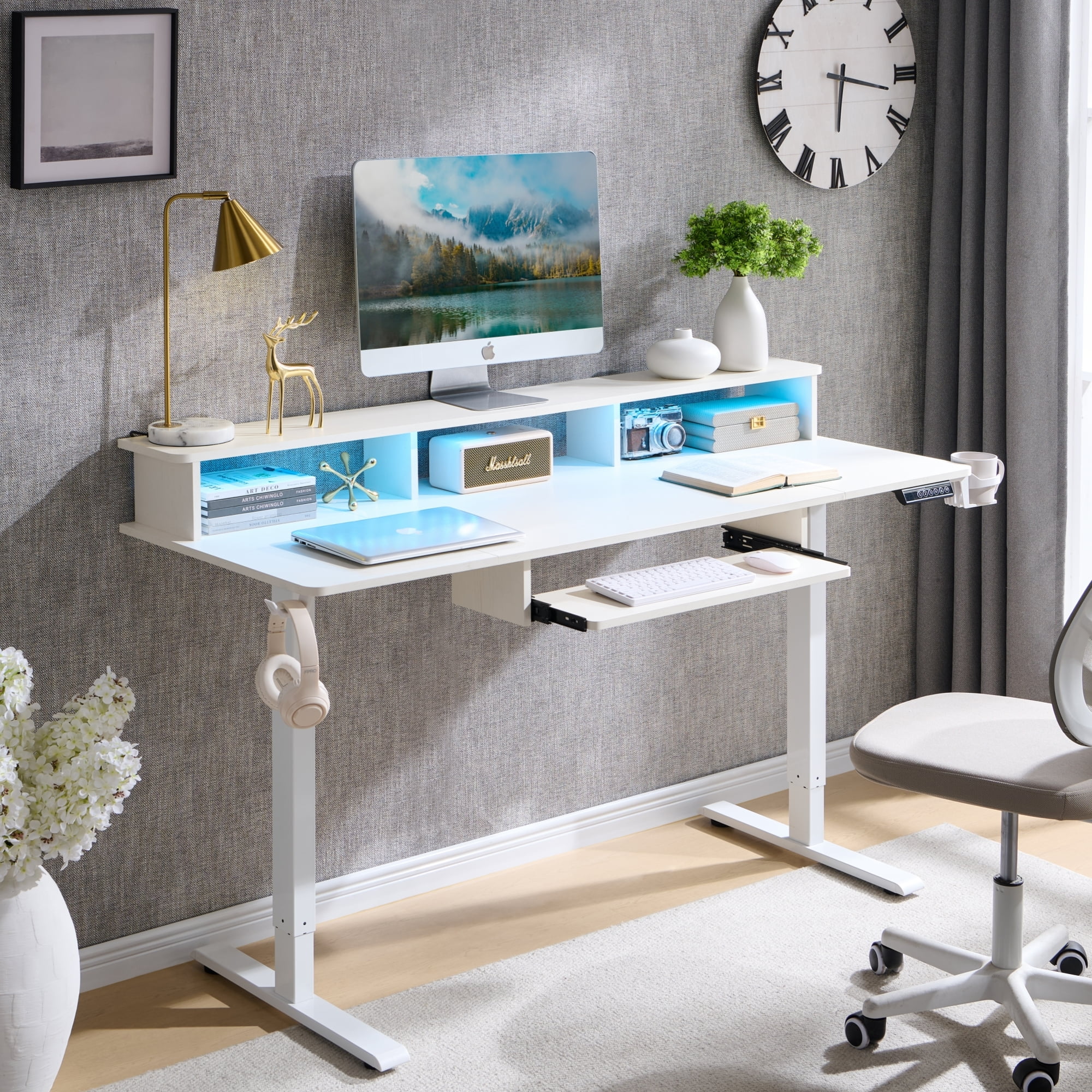 OKD 60" Electric Standing Desk with Keyboard Tray, Power Outlets, LED ...