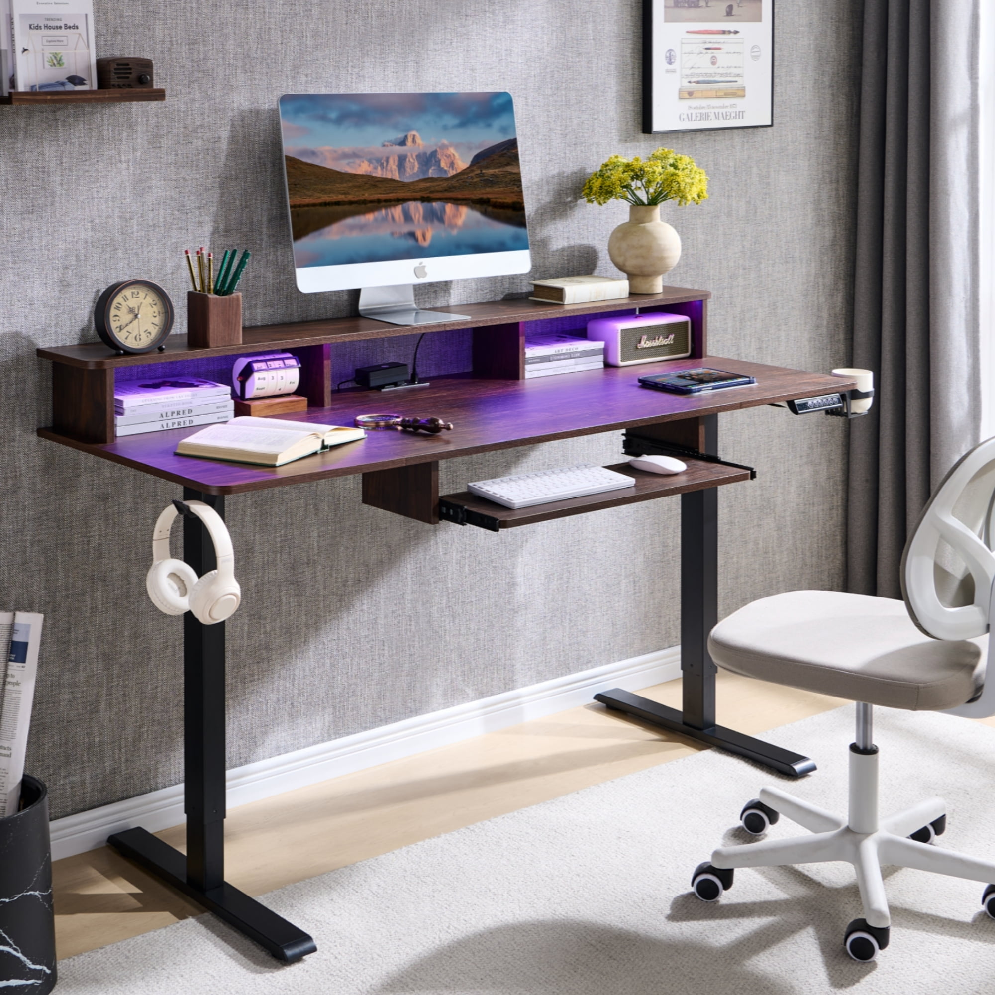 OKD 60" Electric Standing Desk with Keyboard Tray, Power Outlets, LED ...
