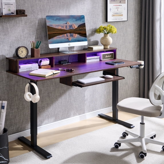 OKD 60" Electric Standing Desk with Keyboard Tray, Power Outlets, LED ...