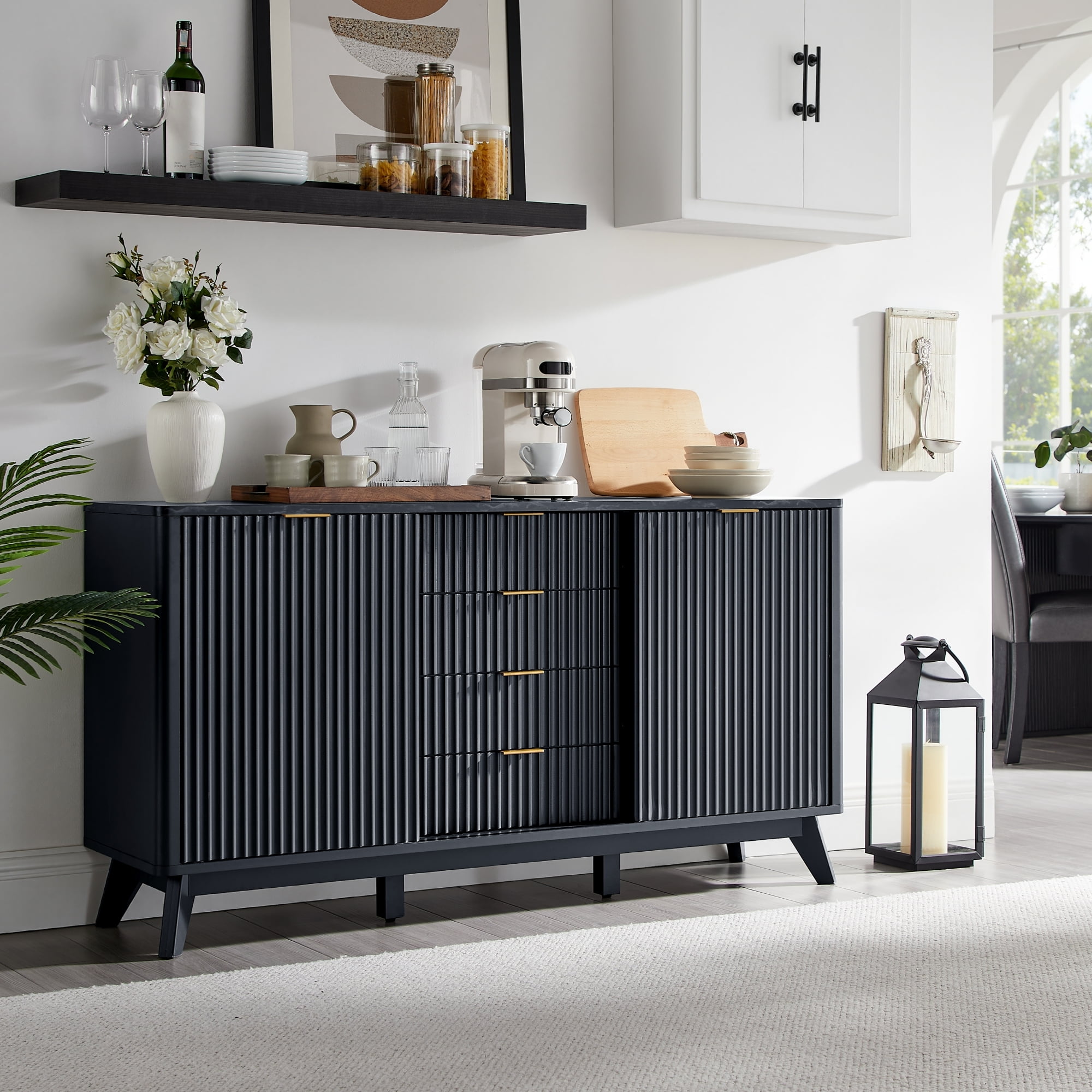 OKD Fluted Sideboard Buffet Cabinet with Sliding Doors and 4 Drawers, Modern 60" Wide Coffee Bar ...