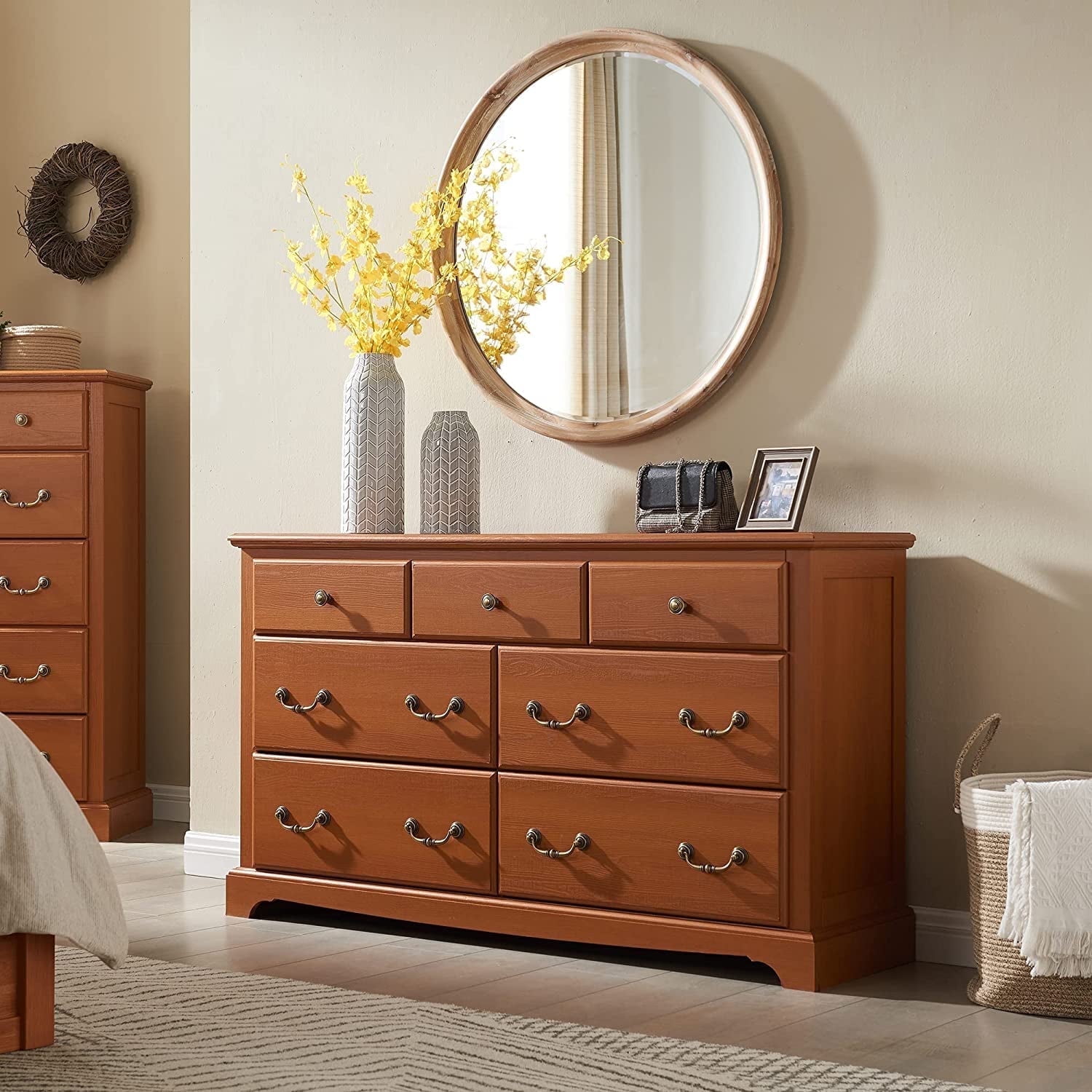 OKD 7 Deep Drawers Dresser, Large Cherry Bedroom Storage Chest, Wide ...