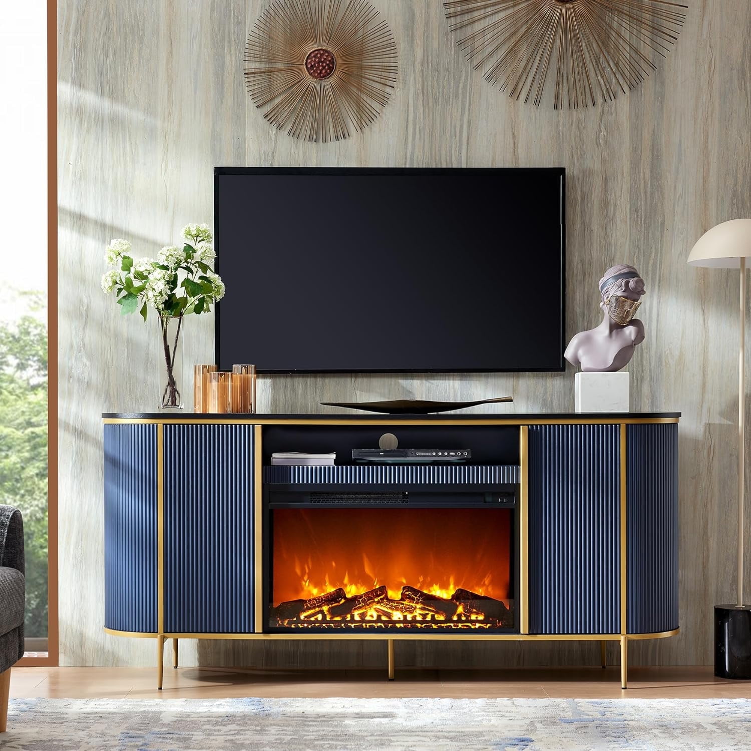OKD Luxury Fireplace TV Stand for TVs Up to 80 inches 70 Modern Fluted Entertainment Center with Electric Fireplace Media Console TV Stand for Living Room Natural Oak Walmart