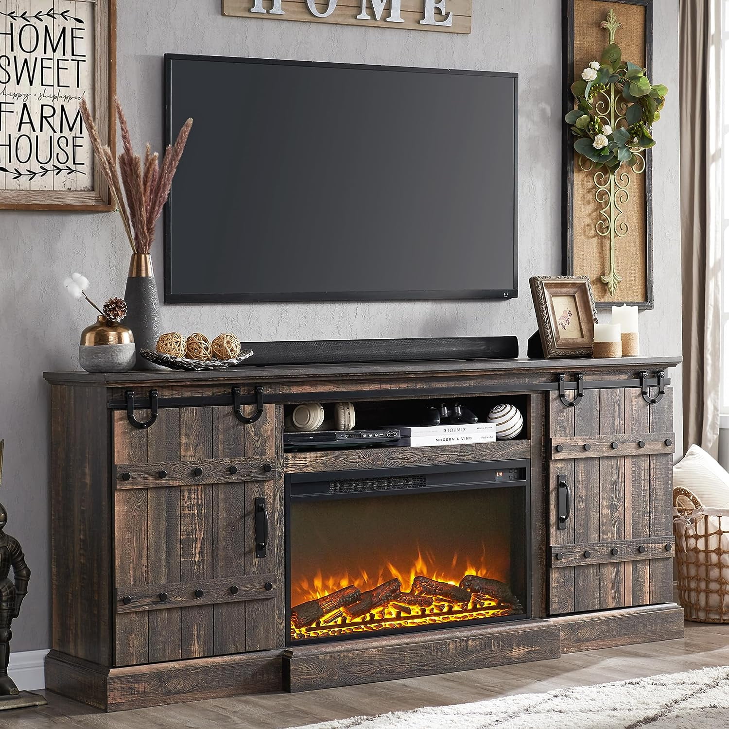 "OKD 70"" Farmhouse TV Stand for 80"" TVs, Dark Oak Center with 30"" Electric Fireplace ...