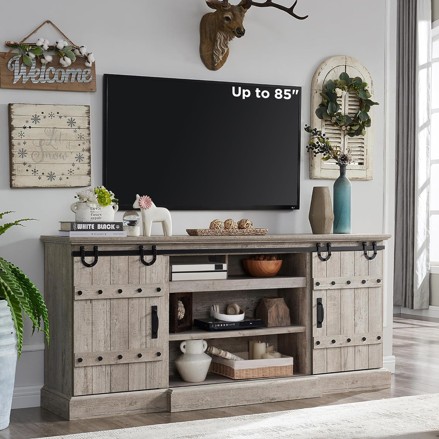 "OKD Farmhouse Highboy TV Stand, 75"" Wide, for TVs up to 85"", with ...
