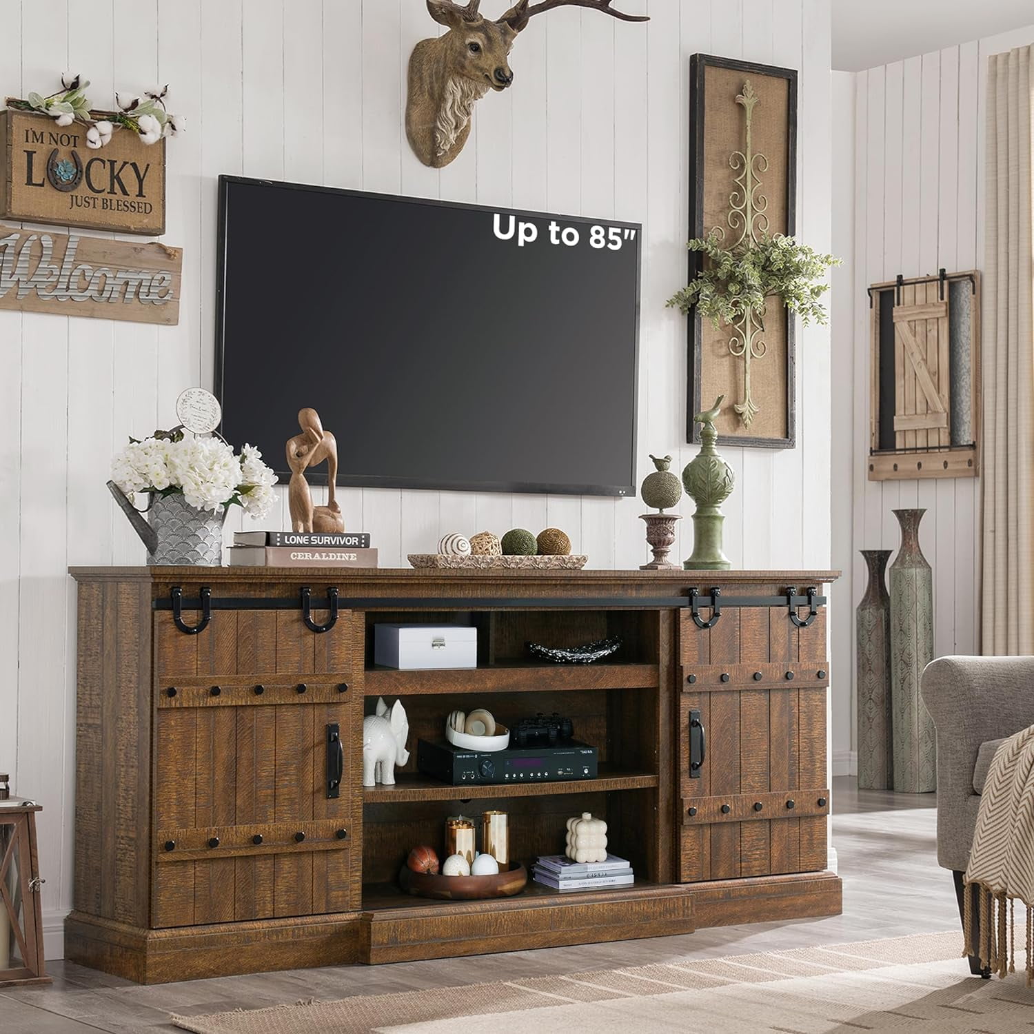 "OKD Farmhouse TV Stand, 75"" Wide, Suitable for TVs up to 85 ...