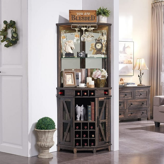 OKD Corner Tall Wine Cabinet & Racks Buffet Rustic with Doors and ...
