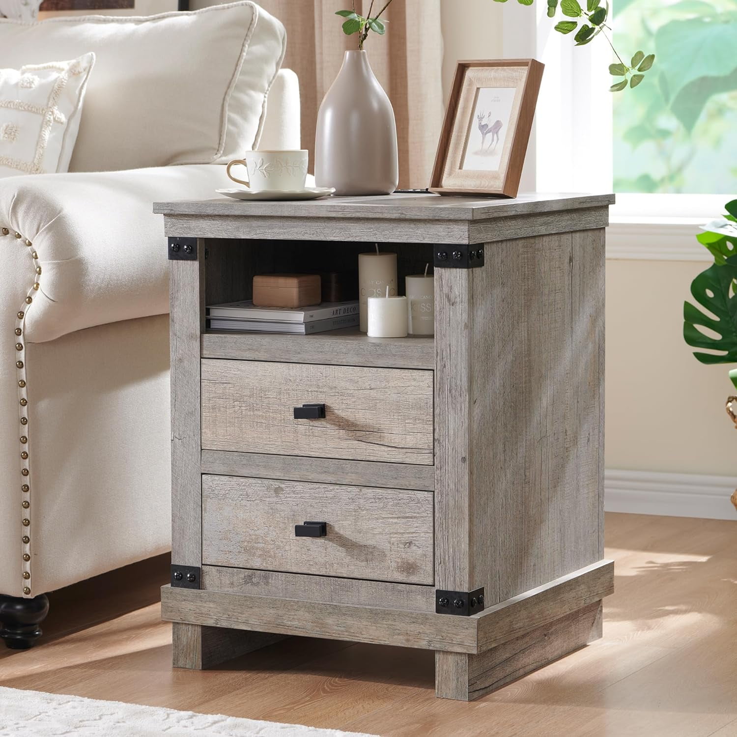 OKD Farmhouse 18" Nightstand with Charging Station, Rustic Metal Wood ...