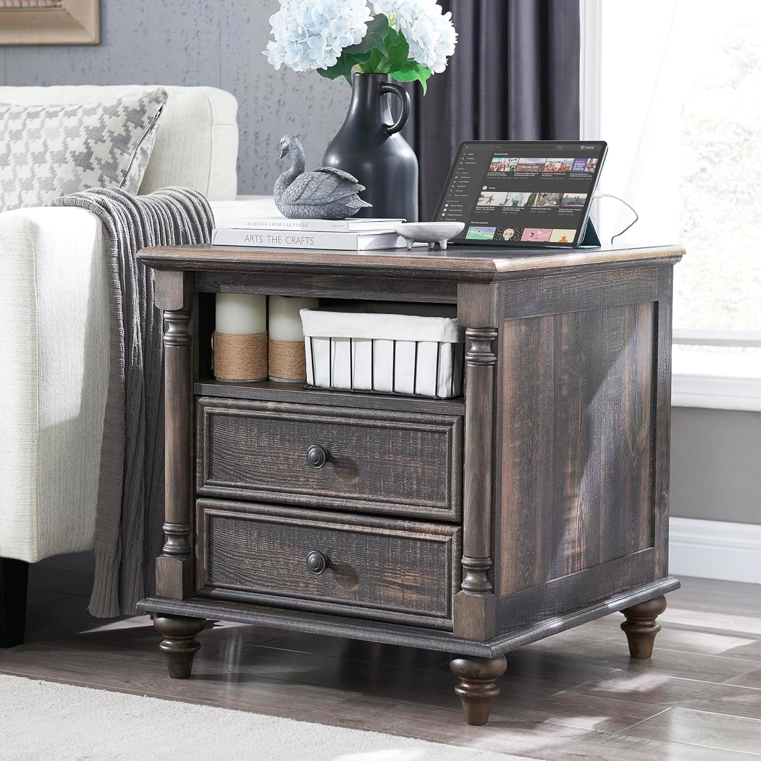 OKD Farmhouse Nightstand Side Table, 24" with 2 Drawers, Charging ...