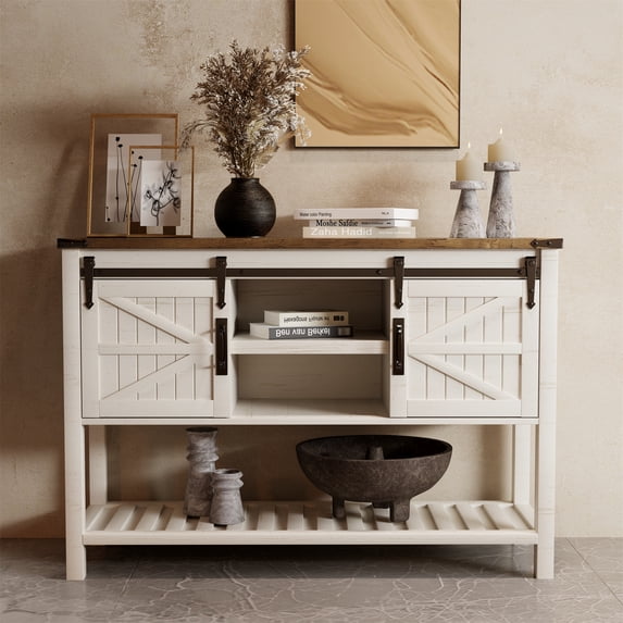 OKD Farmhouse 46'' Entryway Table, Sliding Barn Doors, Storage Shelves ...