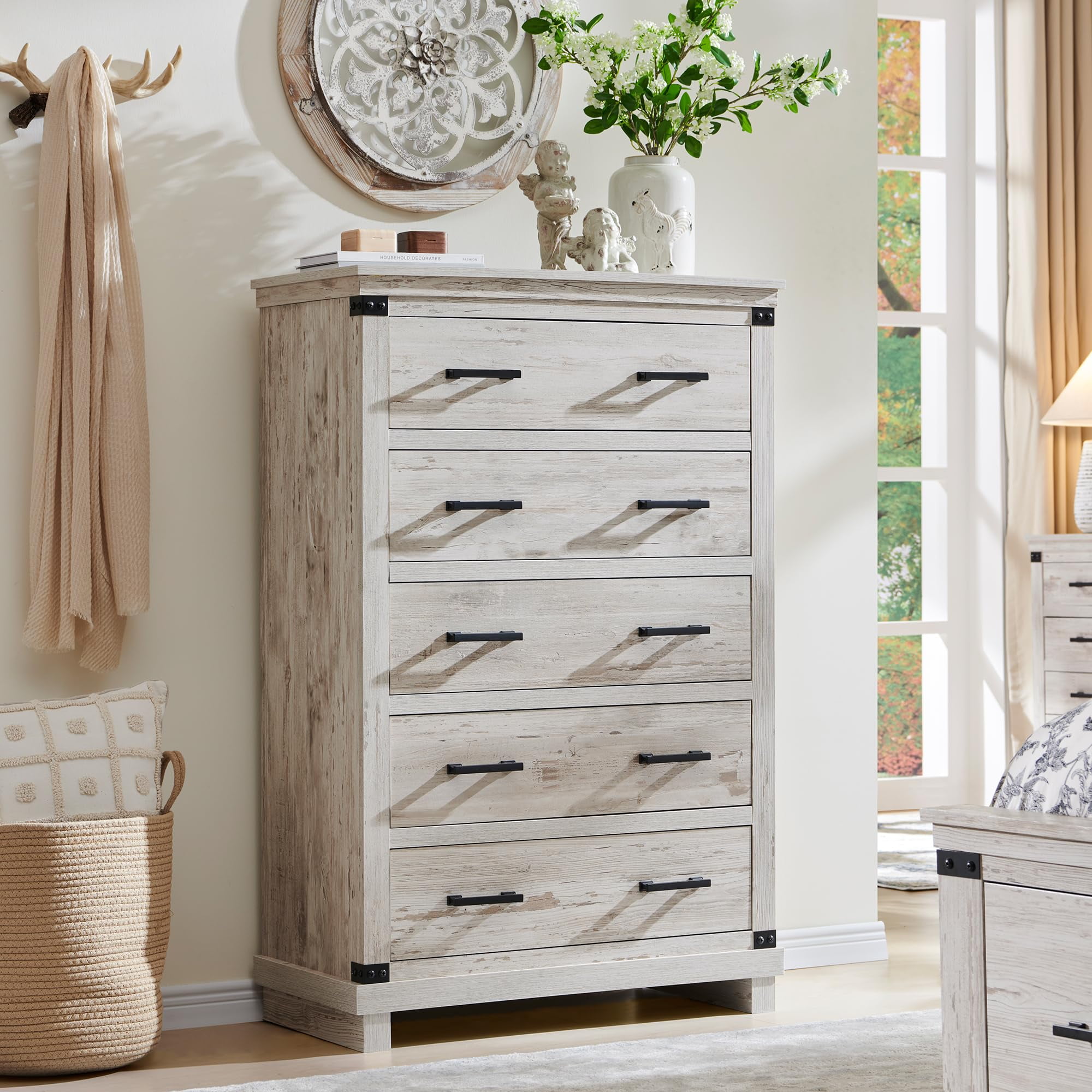 OKD Farmhouse 5 Drawers Dresser for Bedroom, Wood Tall Chest of Drawers ...