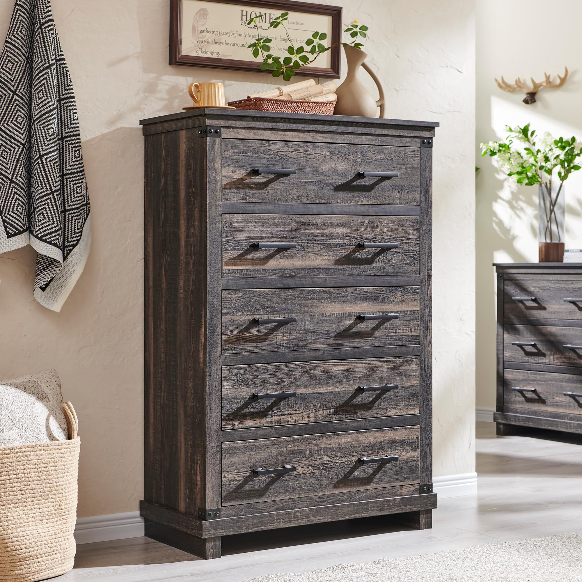 OKD Farmhouse 5 Drawers Dresser for Bedroom, Wood Tall Chest of Drawers ...