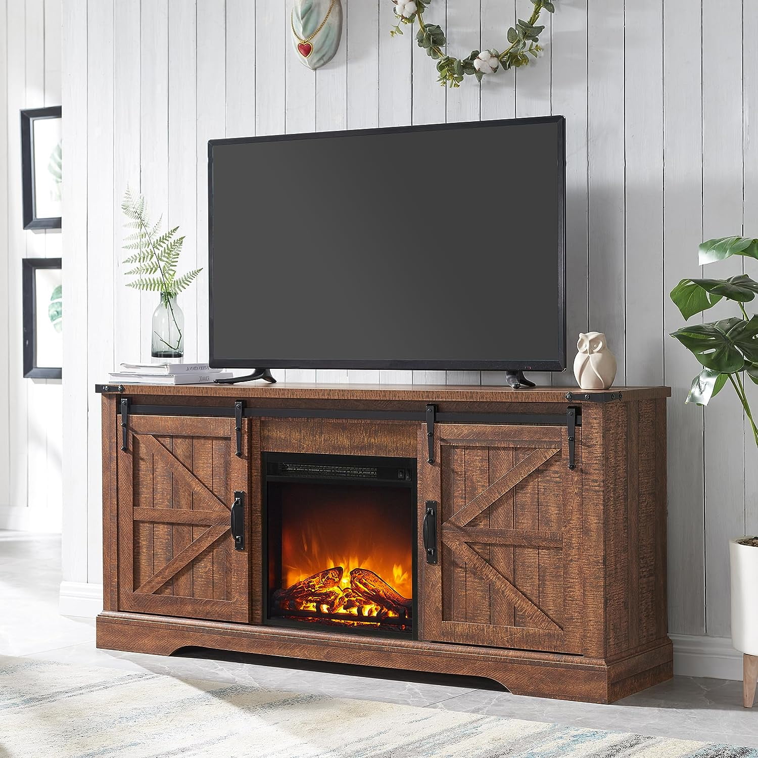 "OKD Farmhouse Large 58"" High Electric Fireplace TV Stand - Long-Lasting, For TVs up to 65 ...