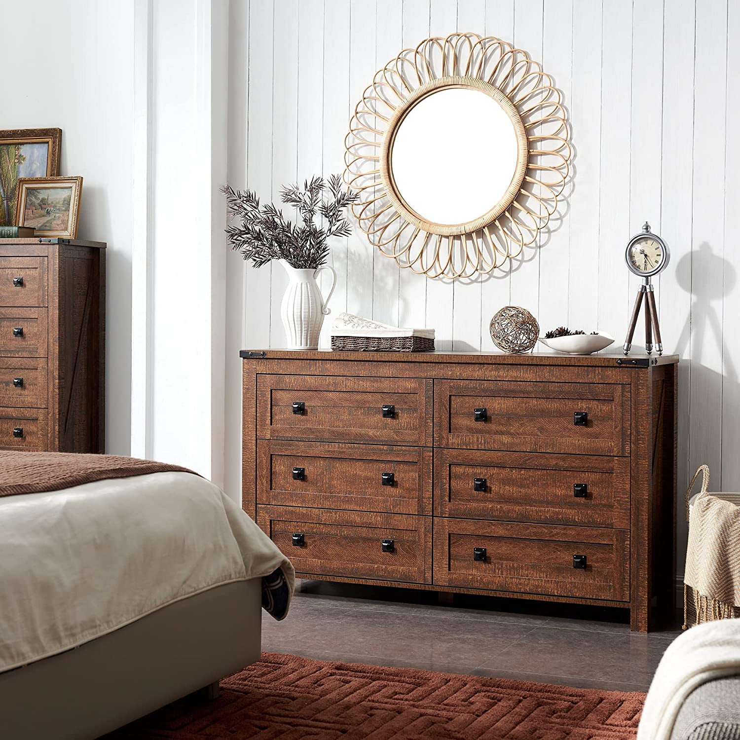 OKD Farmhouse 6-Drawer Rustic Dresser, Wood Tall Chest of Drawers ...