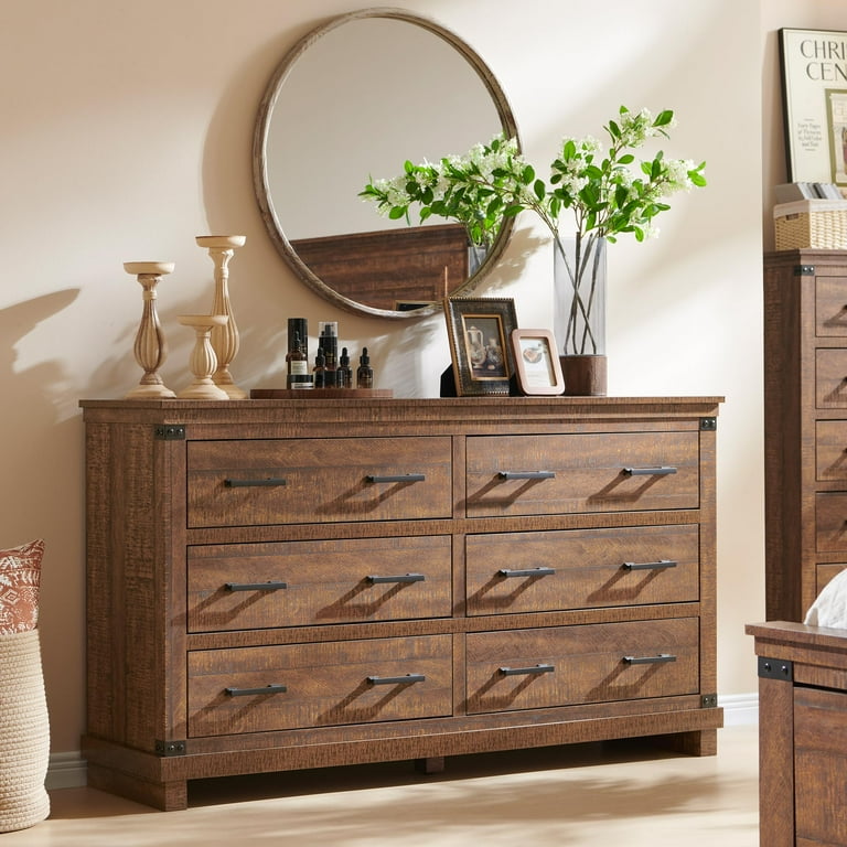 OKD Farmhouse 6 Drawers Dresser for Bedroom Wood Large Chest of Drawers with Thick Plank Styling Rustic Closet Dresser for Bedroom Living Room Reclaimed Barnwood Color Walmart