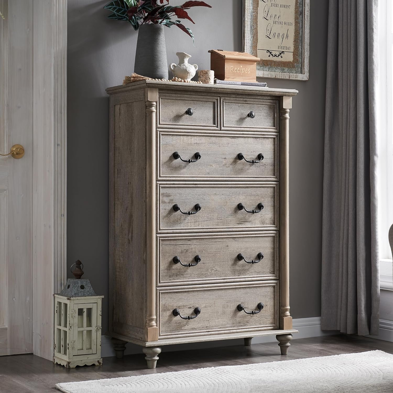 Tall Wooden Vintage OKD Farmhouse Style 6 Drawers Dresser for Bedroom ...
