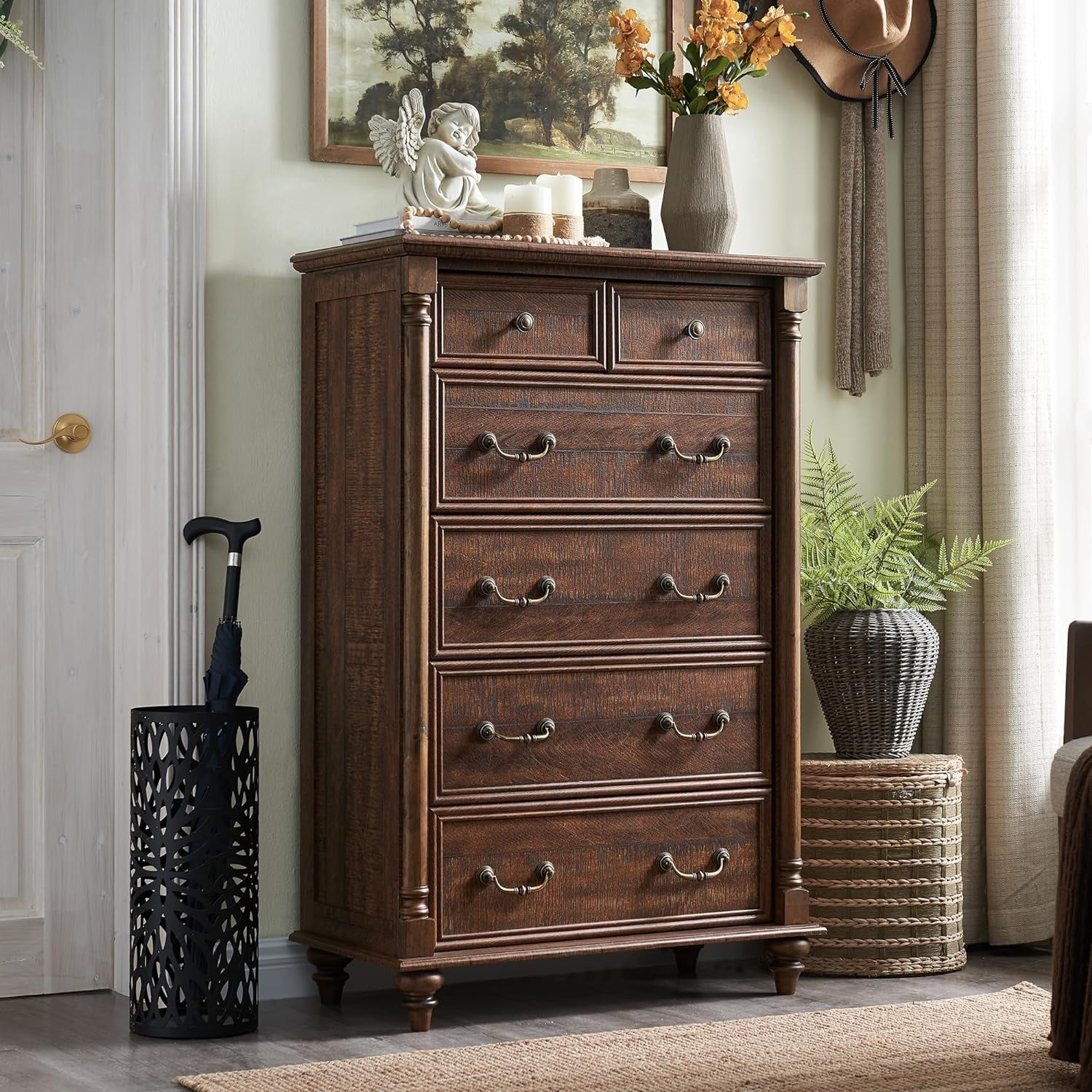 OKD Rustic 6-Drawer Dresser with Solid Wood Feet & Column, Barn ...