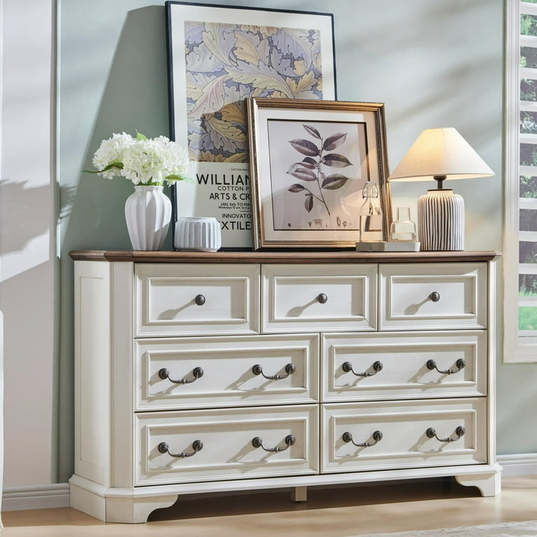 OKD Farmhouse 7 Drawers Dresser Chests for Bedroom 54 Wide Wood Rustic Storage Cabinet for Living Room Hallway Antique White