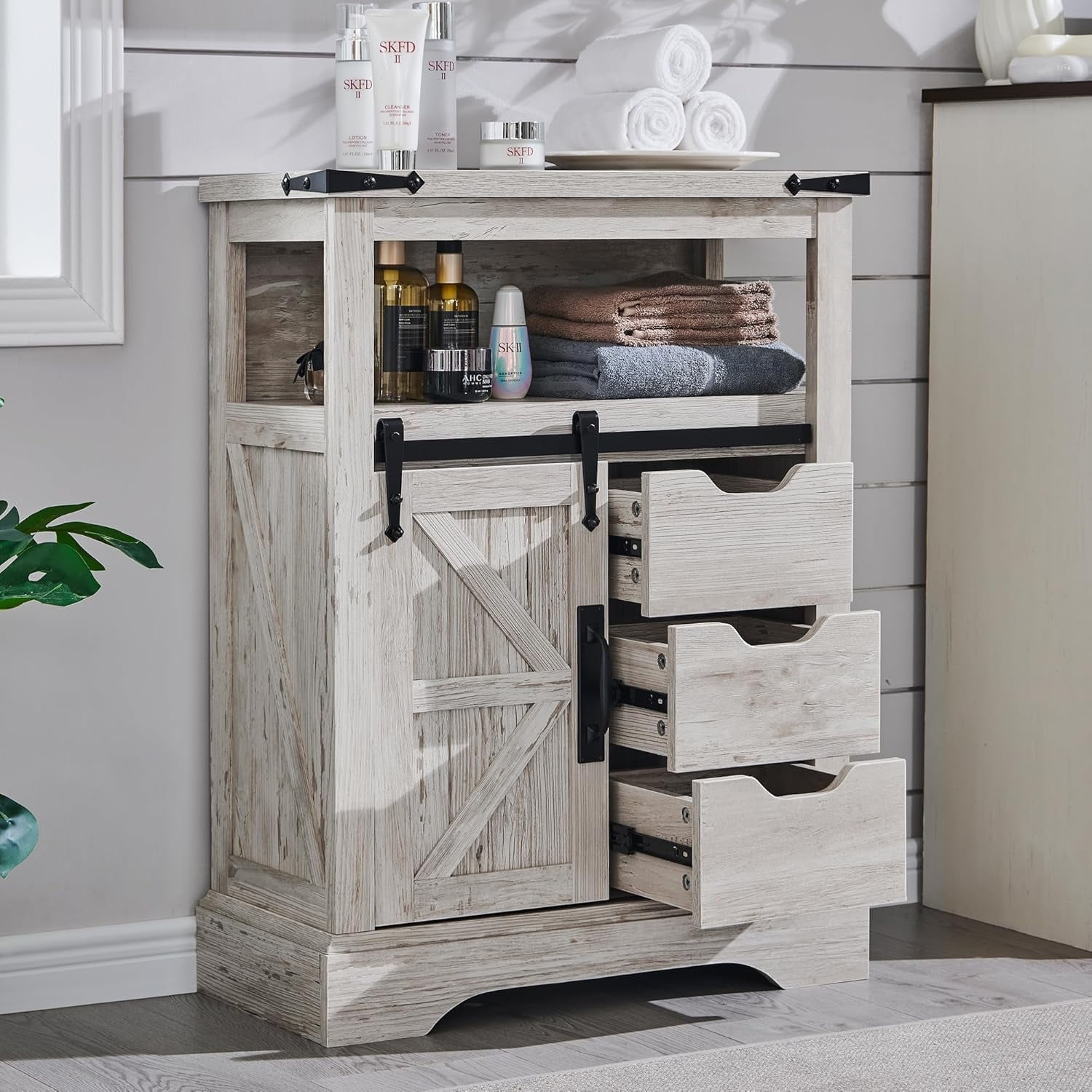 OKD Farmhouse Bathroom Storage Cabinet with 3 Drawers and Adjustable Shelves Sliding Barn Door Wooden Rustic Accent Entryway Cupboard Small Storage
