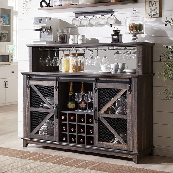 "OKD Farmhouse Coffee Bar Cabinet, LED Light, 55"" Kitchen Buffet with ...