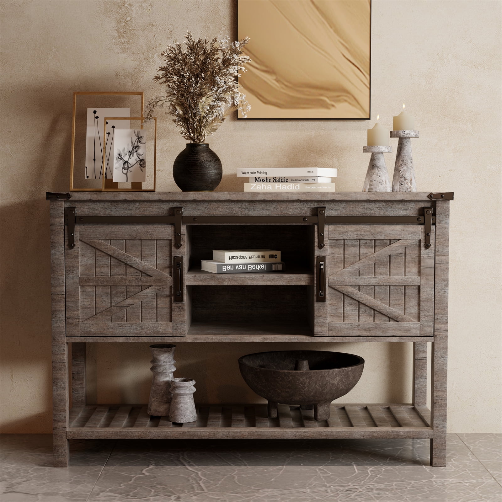OKD Farmhouse Console Table, Large Storage, Slide Barn Doors, Light ...