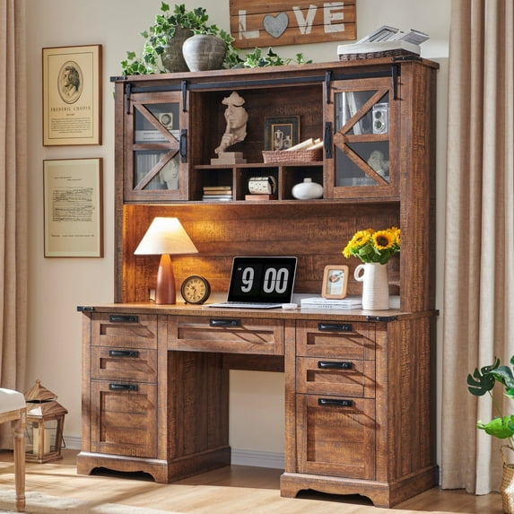 OKD Farmhouse Executive Desk with Hutch, Rustic Office Desk with ...