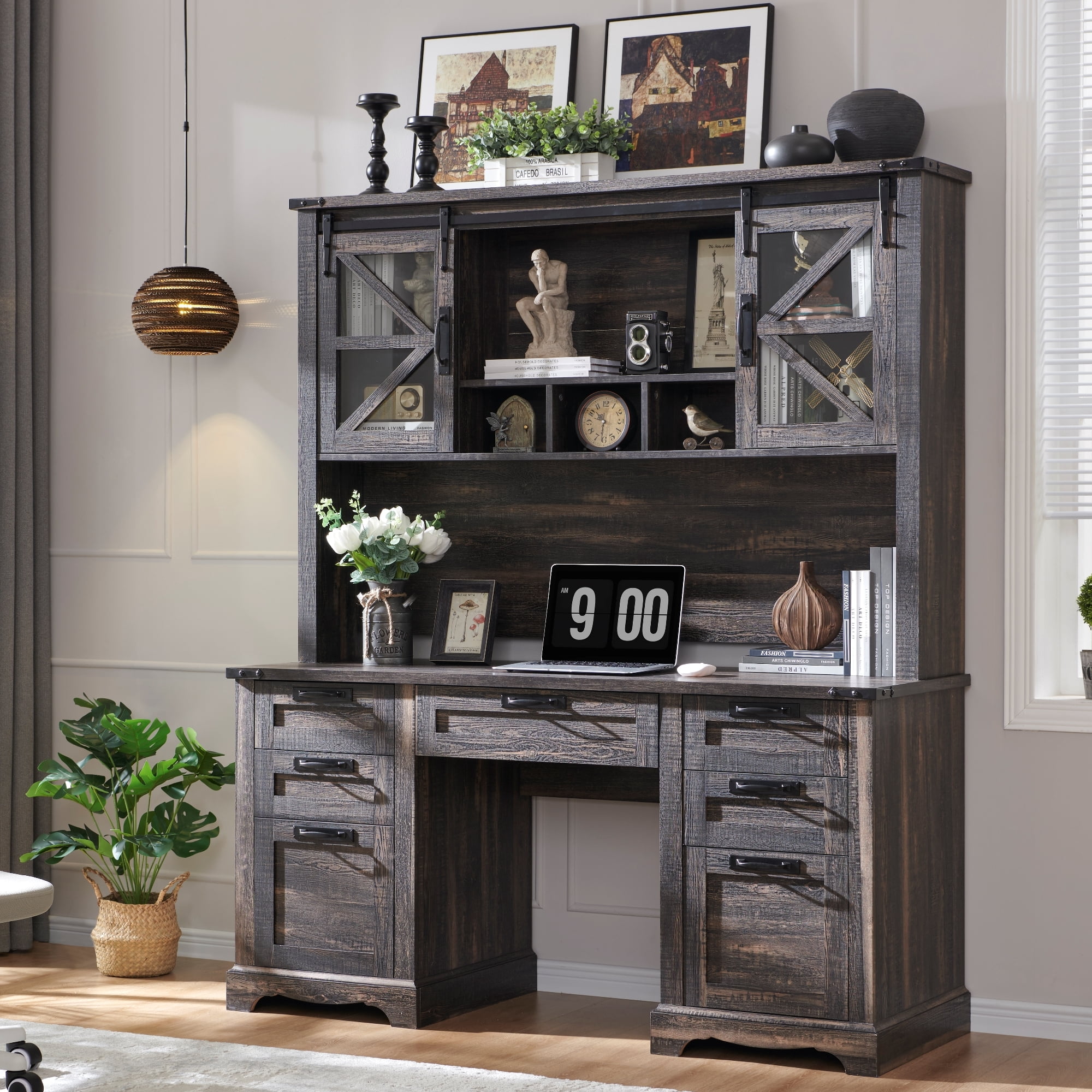 OKD Farmhouse Executive Desk with Hutch, Rustic Office Desk with ...