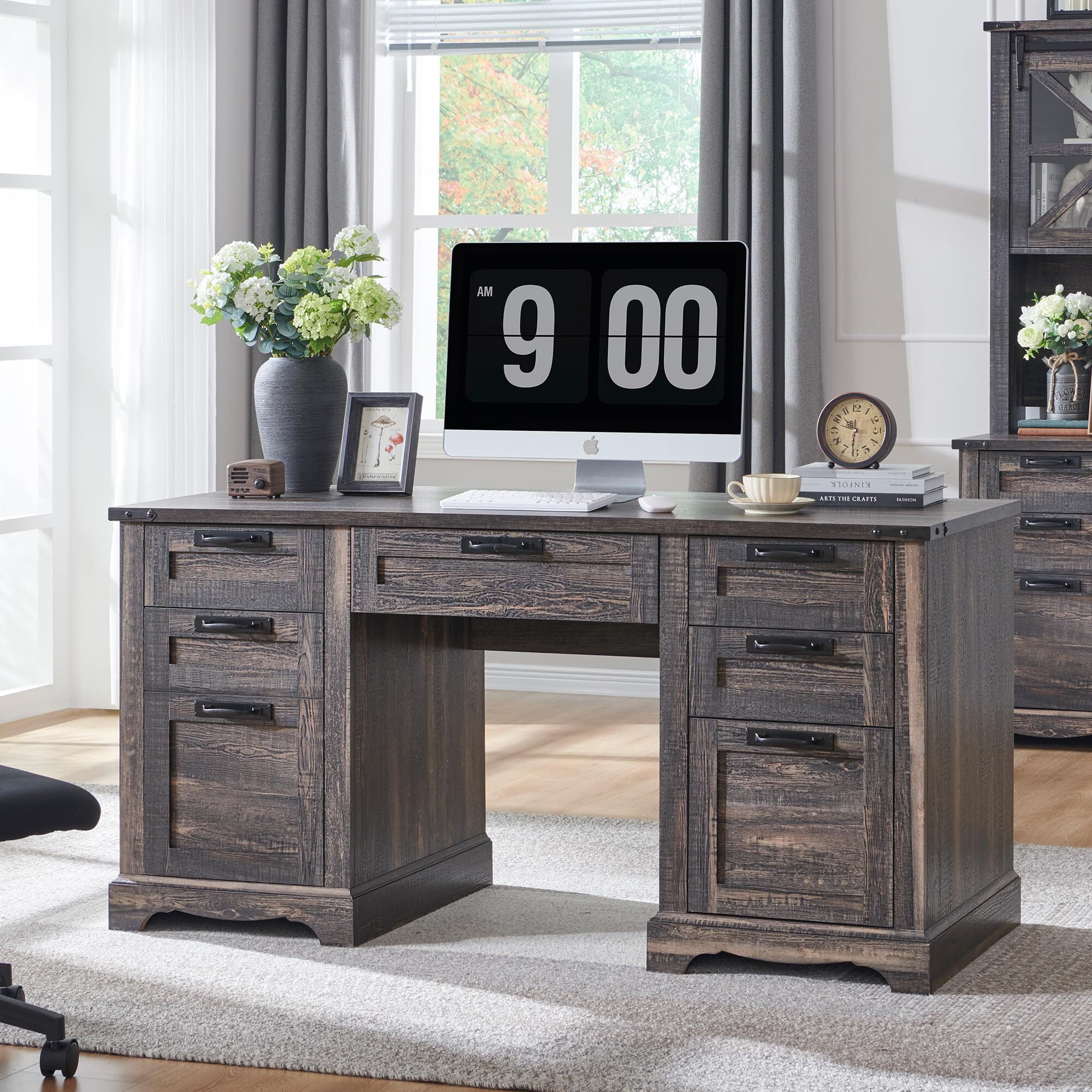 OKD Farmhouse Executive Desk, Rustic Office Desk with Charging Station ...