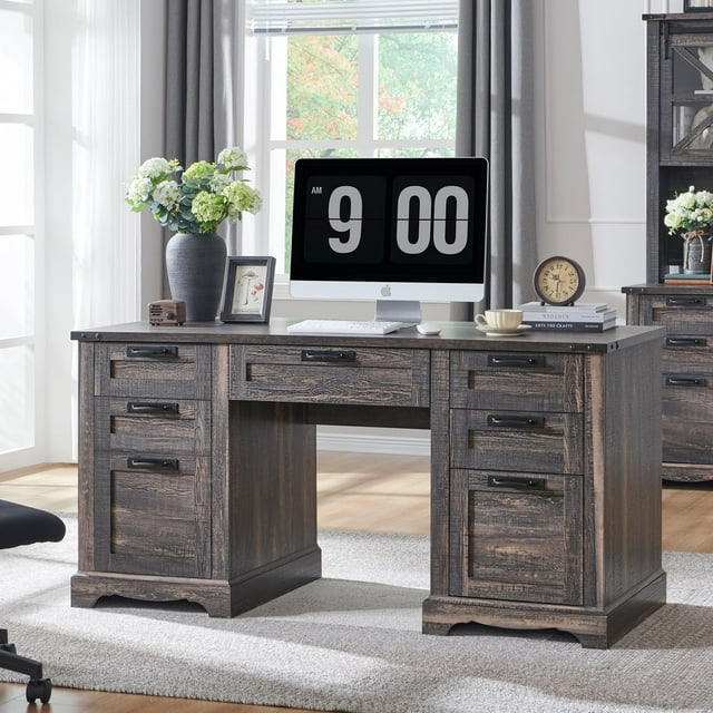 OKD Farmhouse Executive Desk, Rustic Office Desk with Charging Station ...