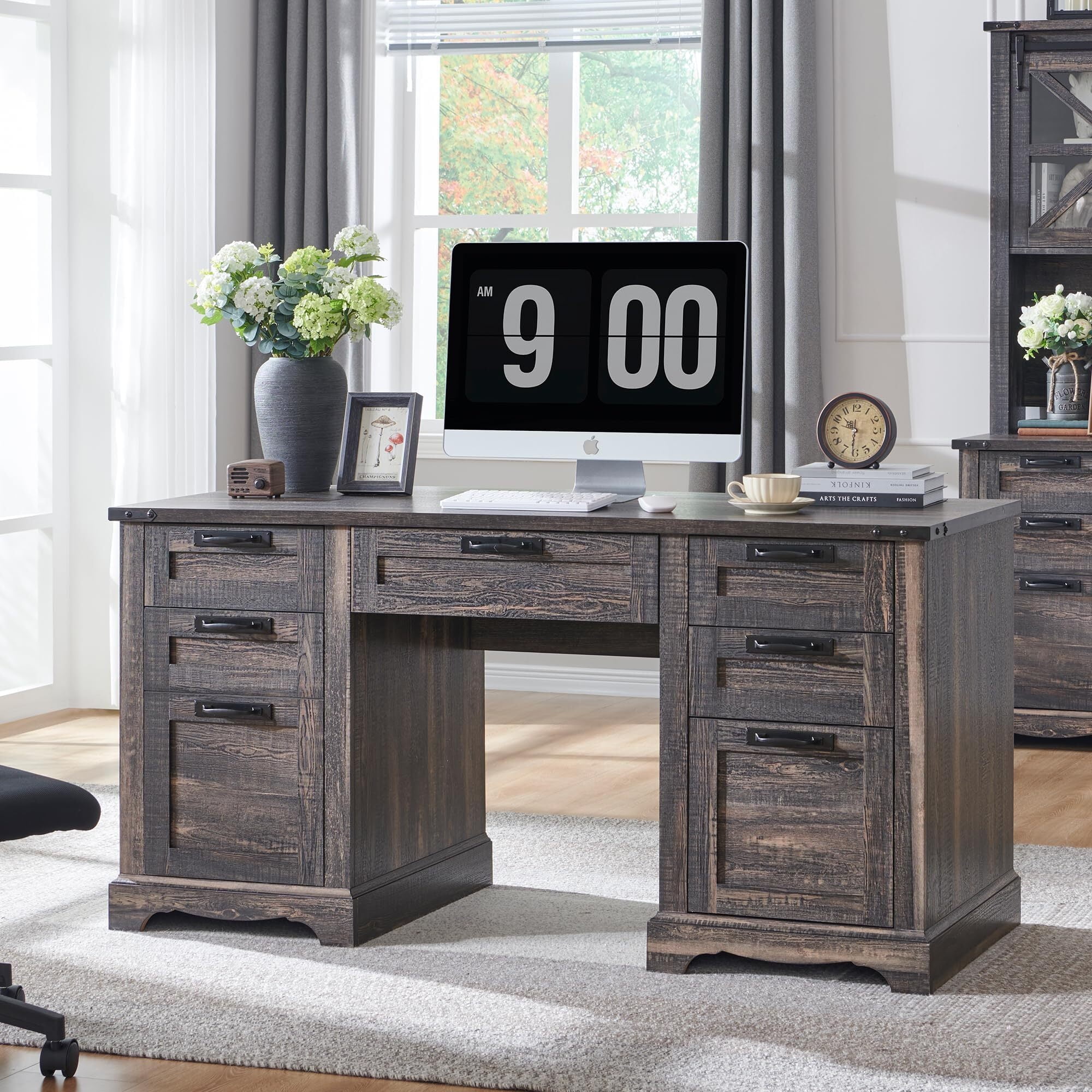 OKD Farmhouse Executive Desk, Rustic Office Desk with Charging Station ...