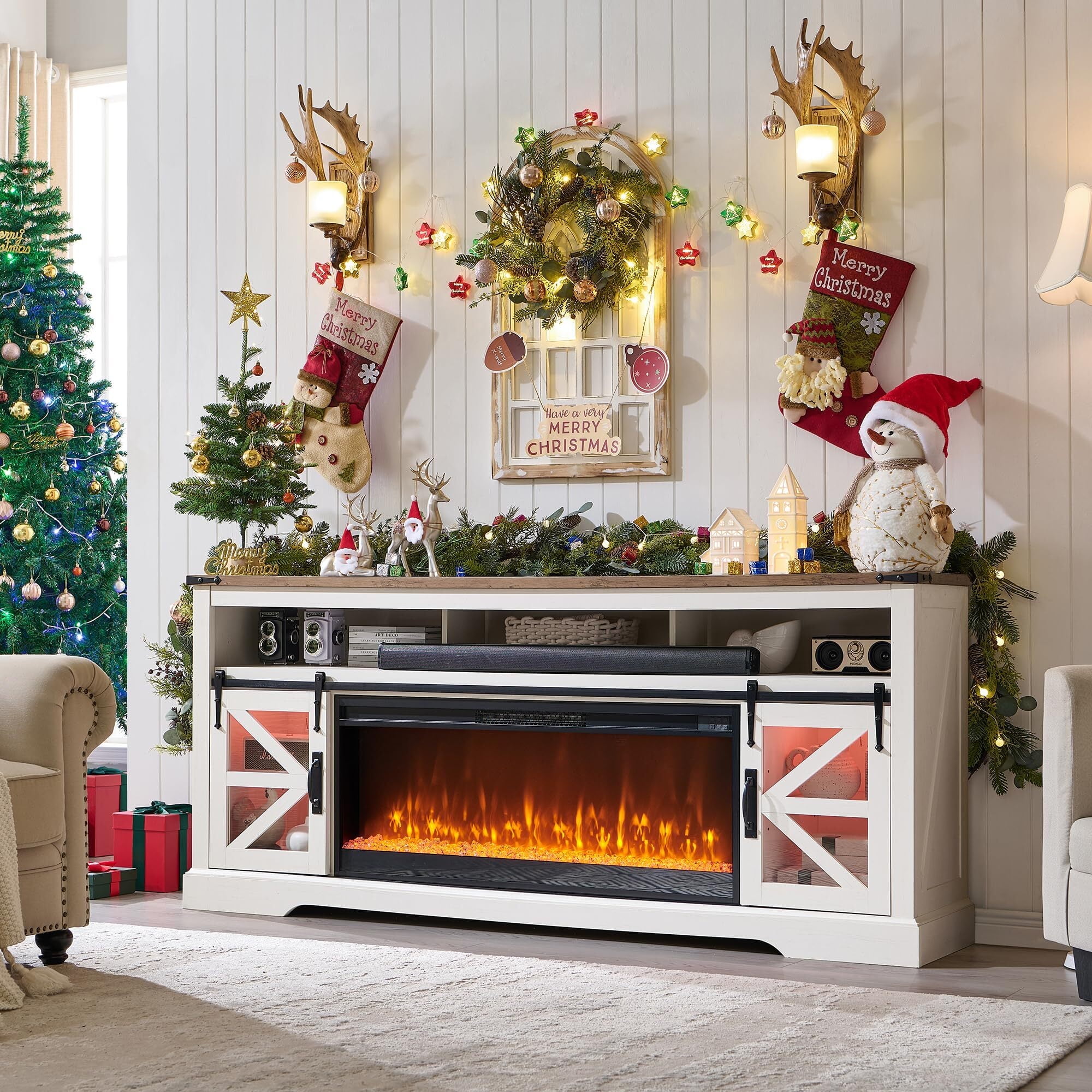 OKD Farmhouse Fireplace TV Stand for 85" TV, Highboy Entertainment ...