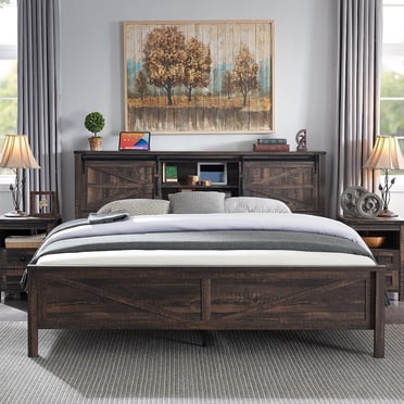 PAPROOS Full Size Bed Frame, Rustic Wood Platform Bed with Headboard ...