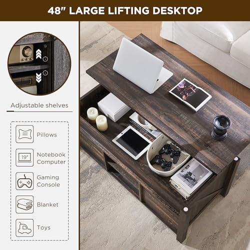 OKD Farmhouse Lift Top Coffee Table with Sliding Door, 48" Large Rustic ...