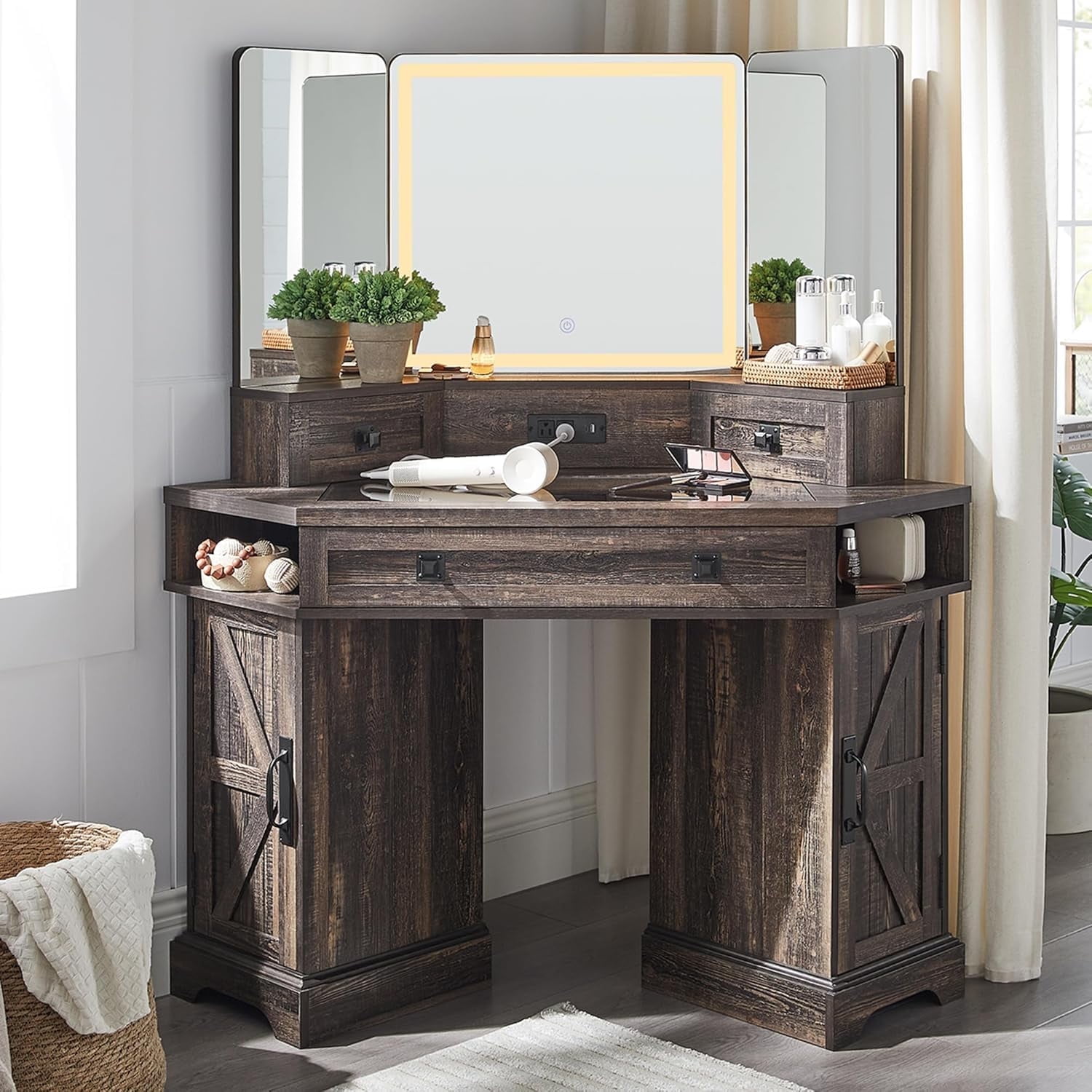 OKD 48" Corner Vanity Desk with Lighted Mirror & Charging Station ...