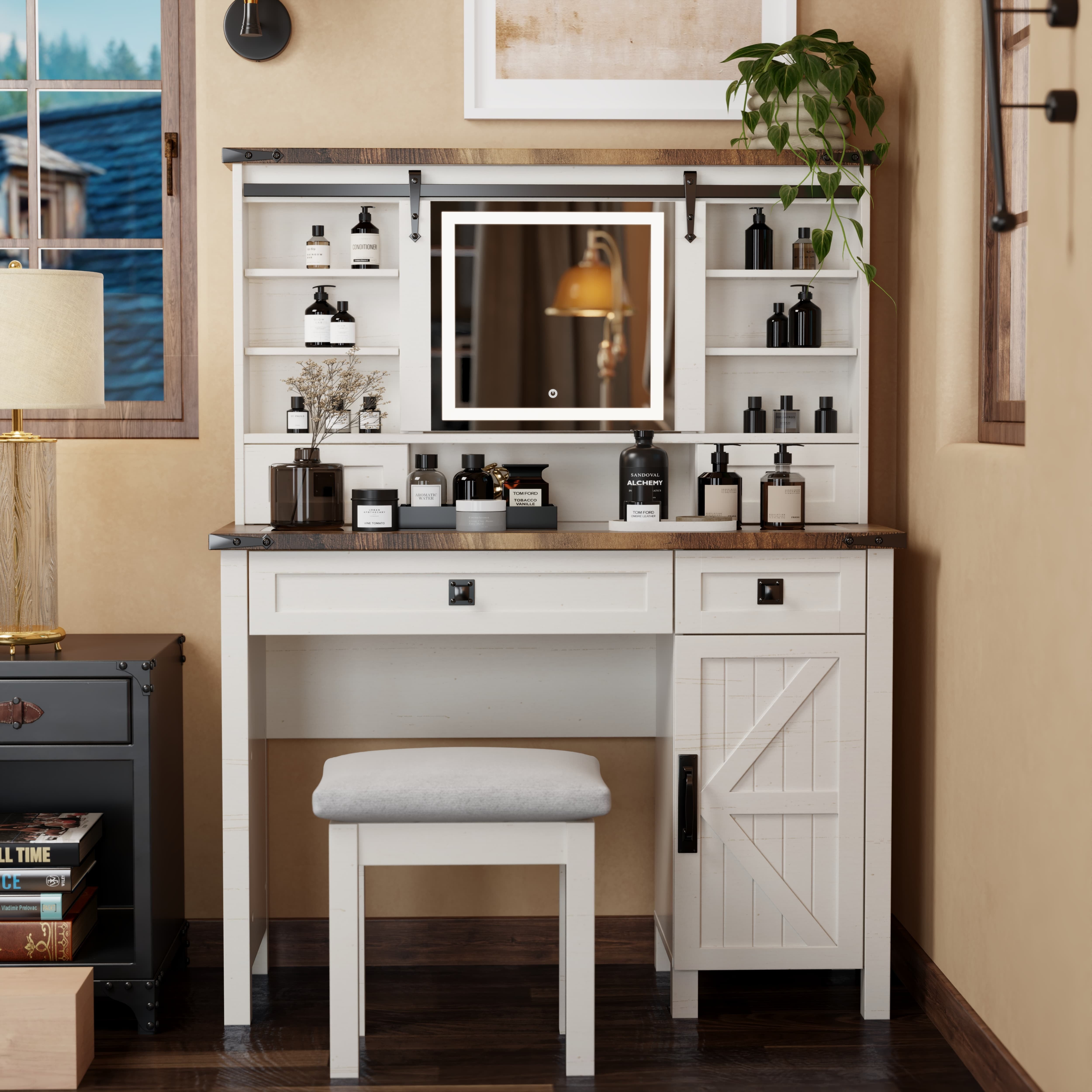 OKD Farmhouse Makeup Vanity Desk with Sliding Mirror and Lights, 42 ...