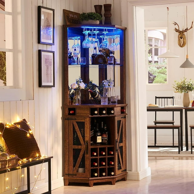 OKD Farmhouse Rustic Corner Wine Bar Cabinet, Liquor Storage & LED ...