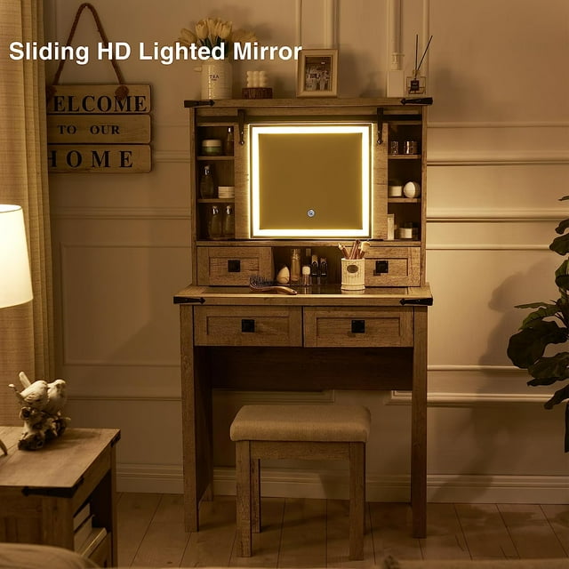 OKD Farmhouse Vanity Desk with Glass Storage, Sliding Lighted Mirror, 4 ...