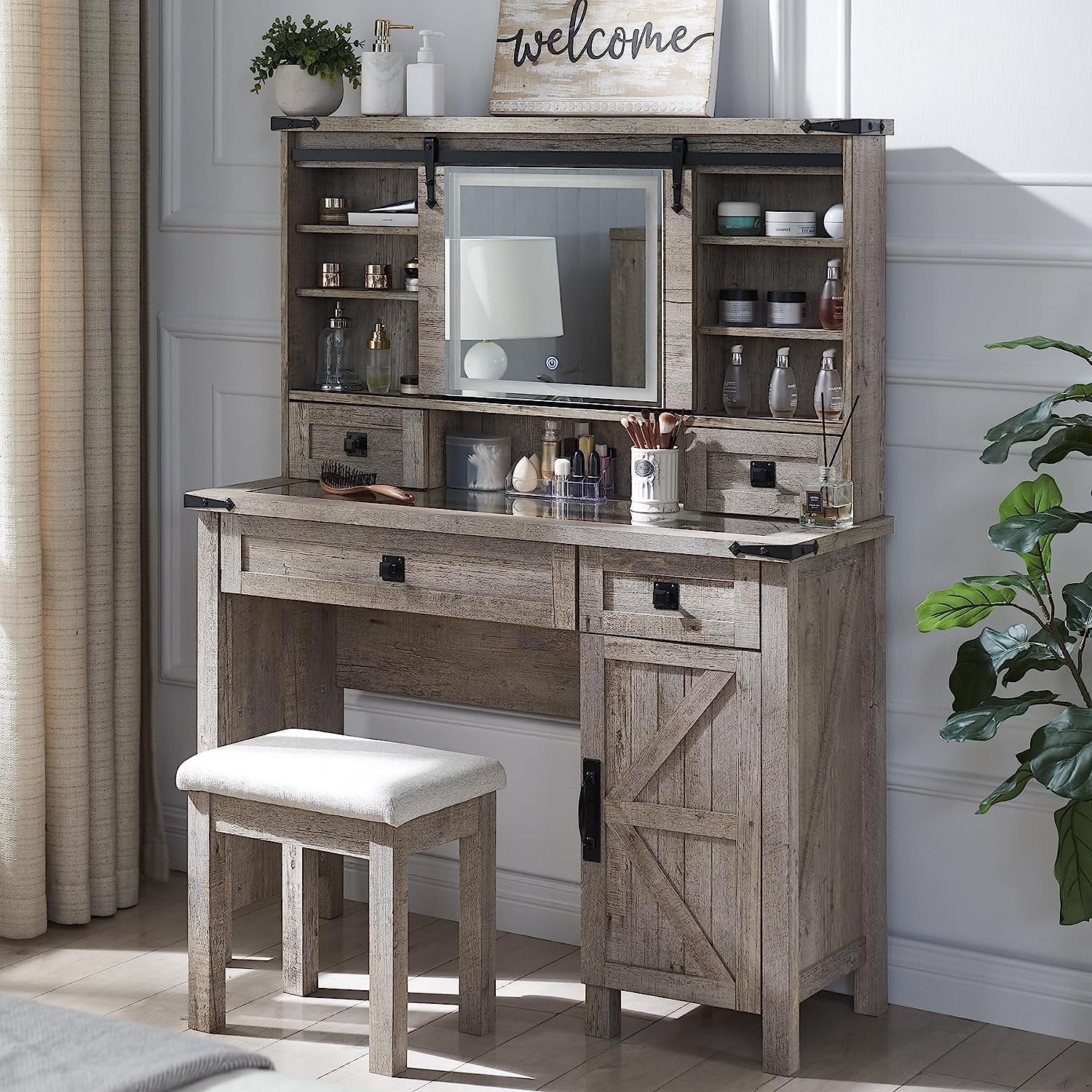 OKD Farmhouse Rustic Makeup Vanity Desk, Glass Top, Mirror & Lights ...