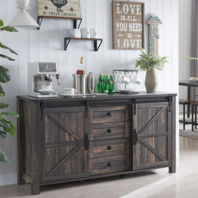 OKD Farmhouse Sideboard Buffet Cabinet with Storage, 60" Large Kitchen Cabinet w/Sliding Barn ...